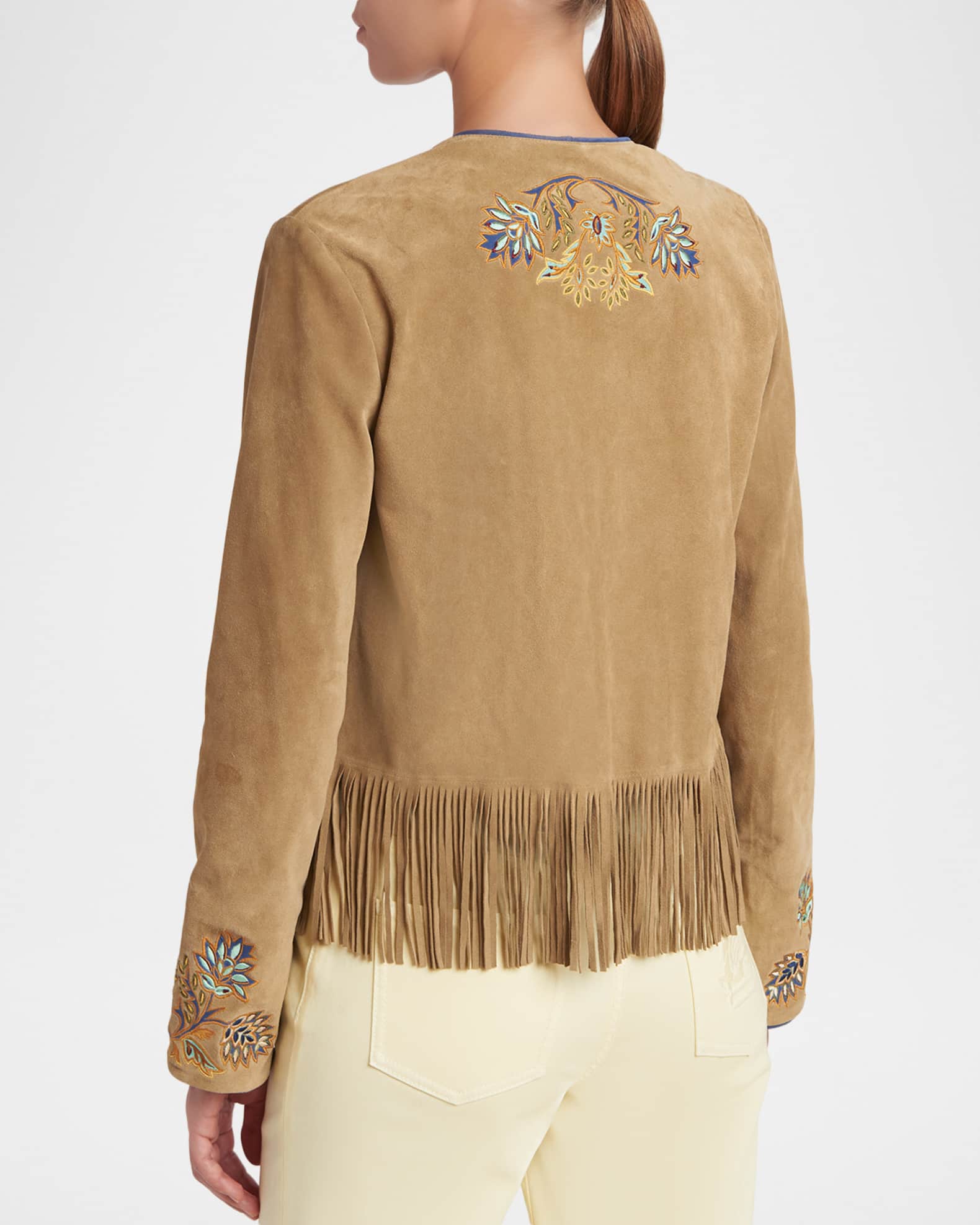 Etro Embroidered Suede Fringe Open Jacket | Neiman Marcus