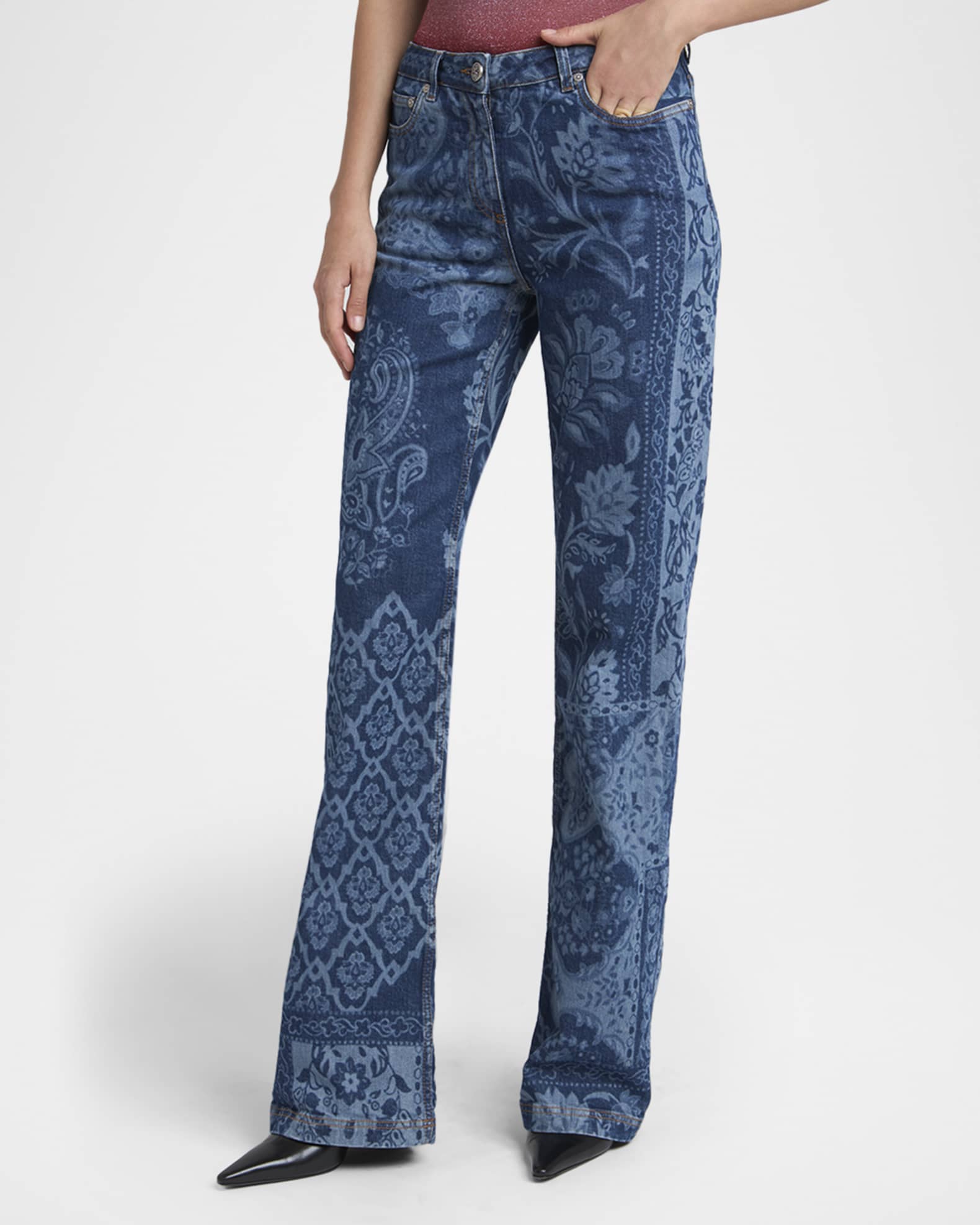 Etro Paisley Patchwork Print Bootcut-Leg Jeans | Neiman Marcus