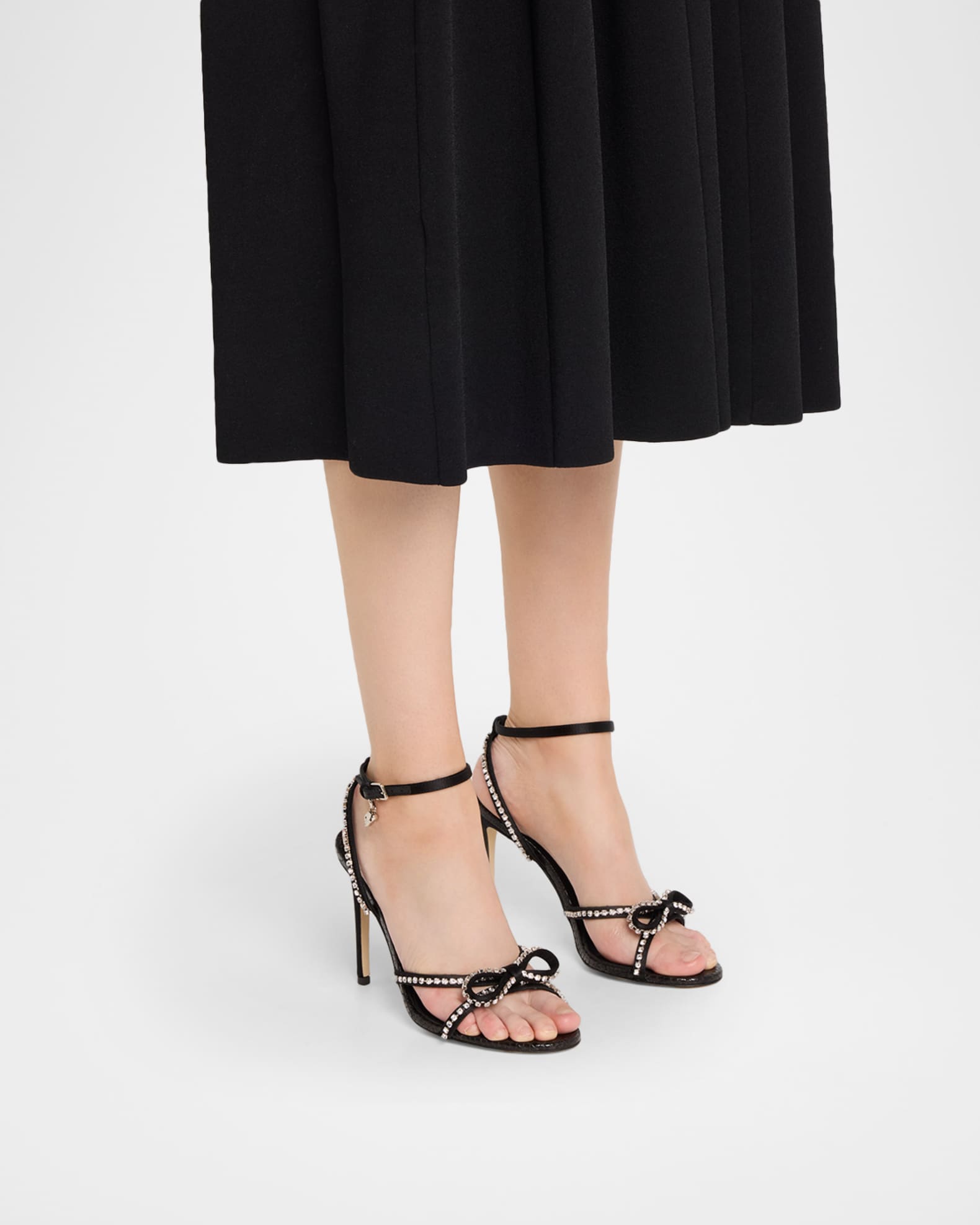 McQueen 115mm Crystal Bow Satin Sandals | Neiman Marcus