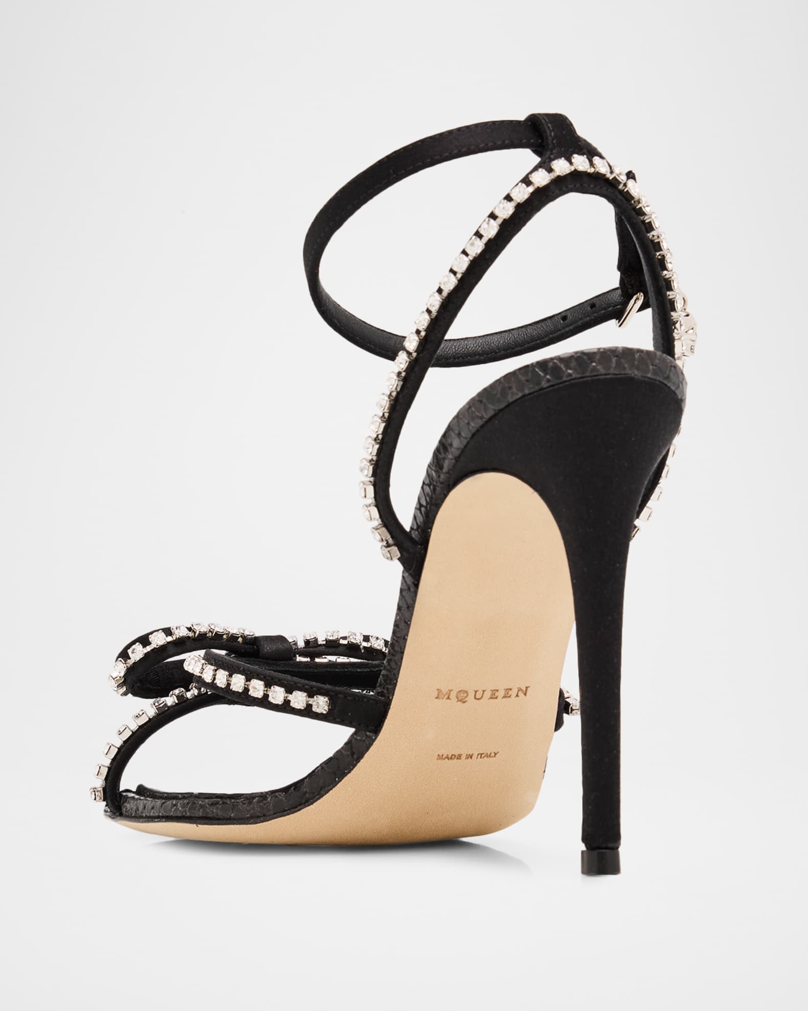 McQueen 115mm Crystal Bow Satin Sandals | Neiman Marcus