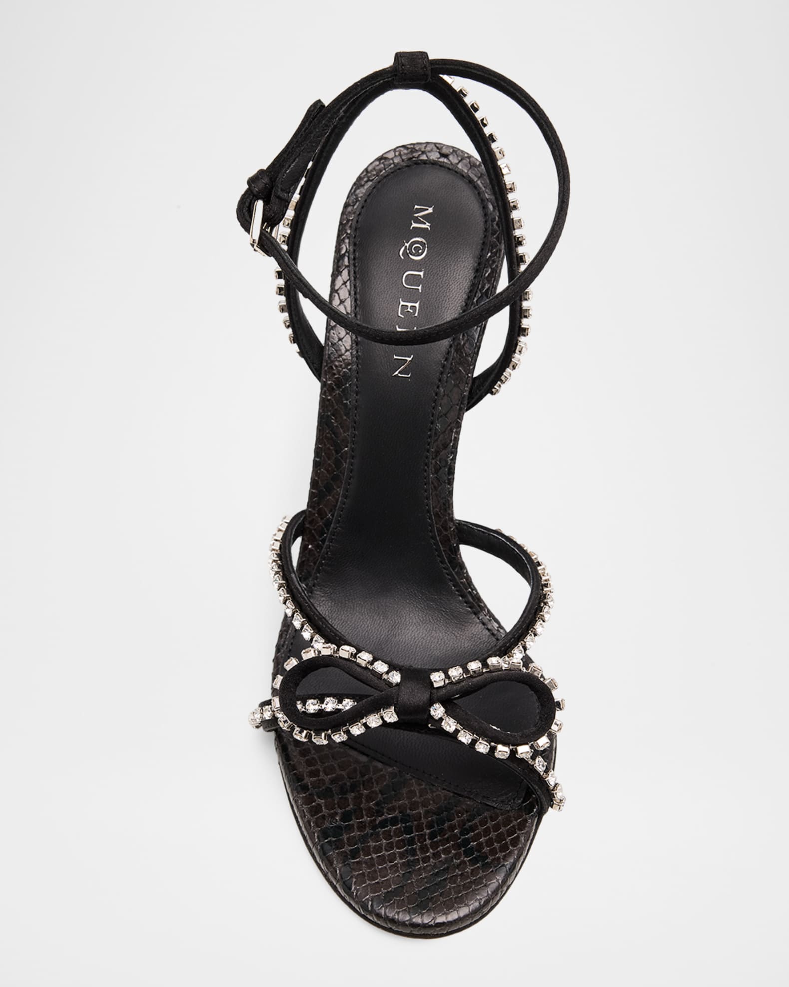 McQueen 115mm Crystal Bow Satin Sandals | Neiman Marcus