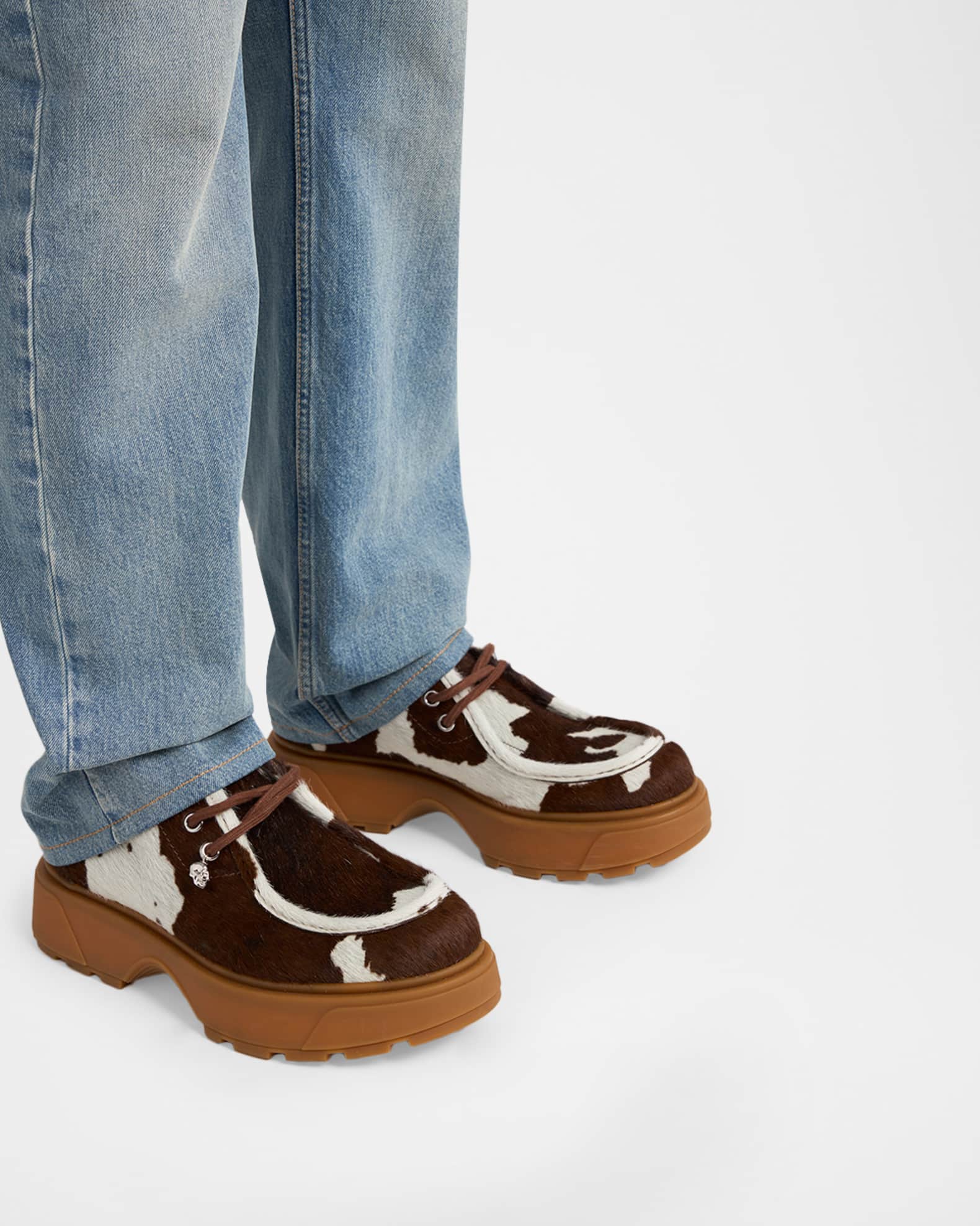 McQueen Men's Rover Cow-Print Pony Hair Lug-Sole Loafers | Neiman Marcus