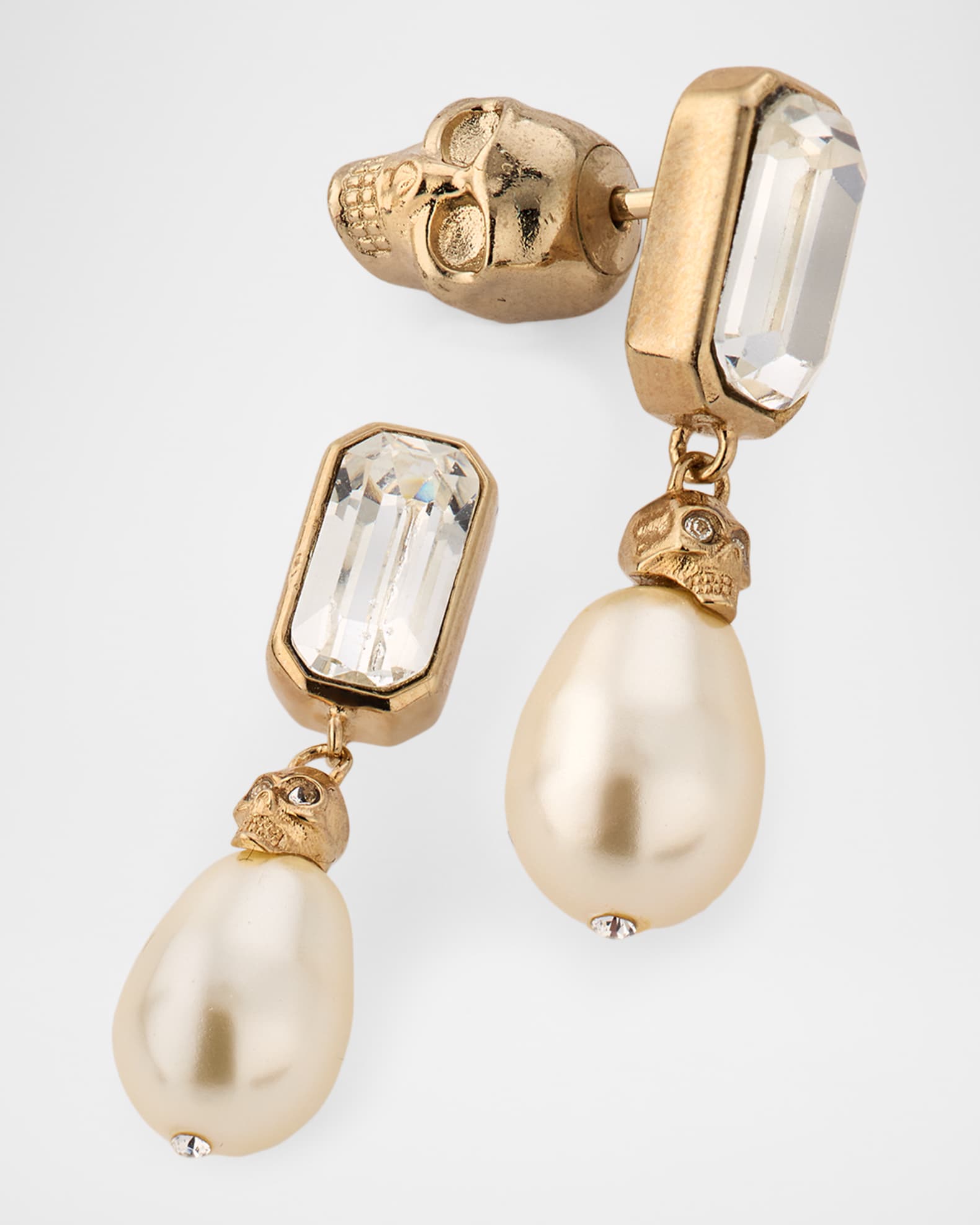 McQueen Skull and Crystal Earrings with Pearly Drops | Neiman Marcus