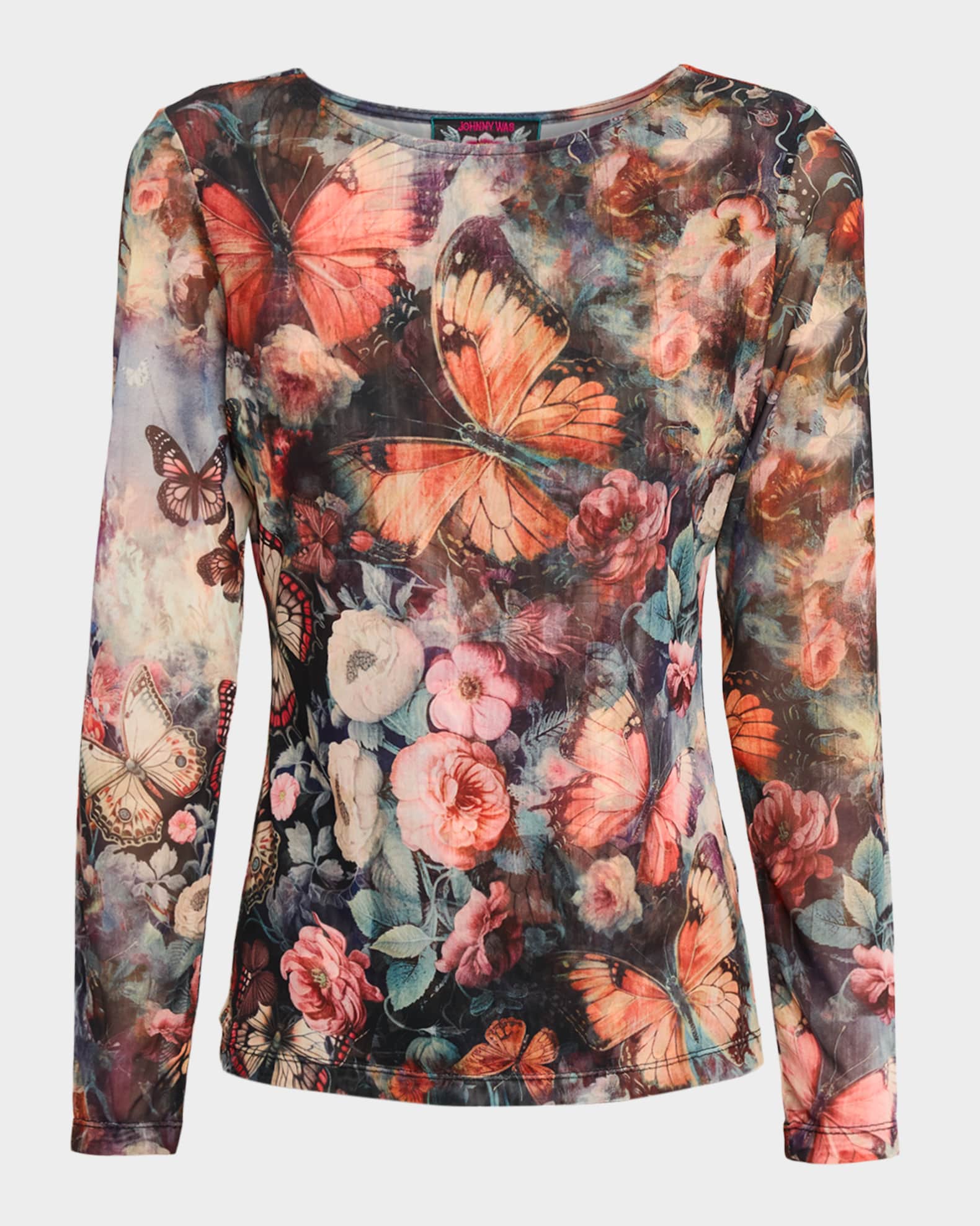 Johnny Was Floral-Print Mesh Top | Neiman Marcus