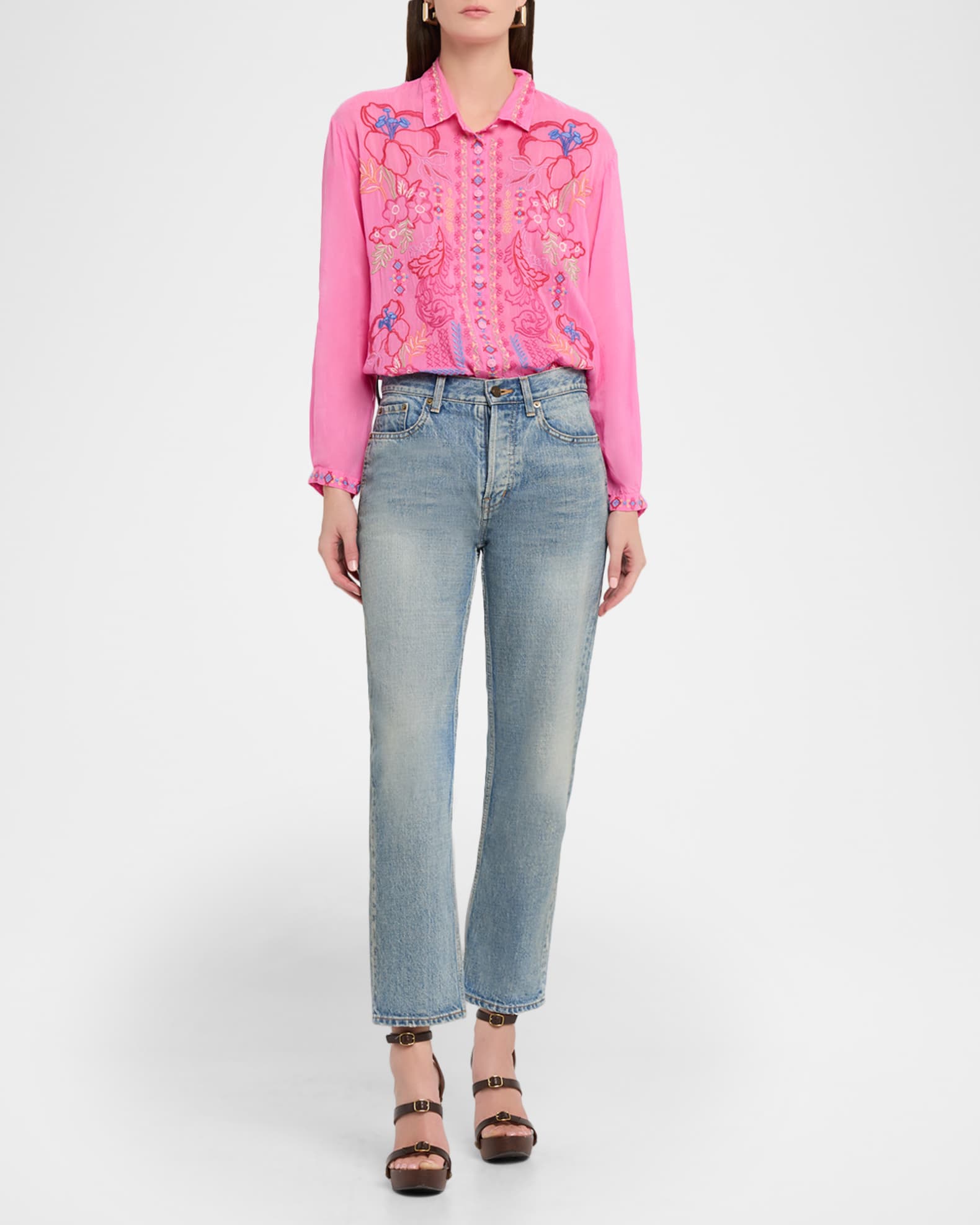 Johnny Was Yoella Embroidered Floral-Print Tunic | Neiman Marcus