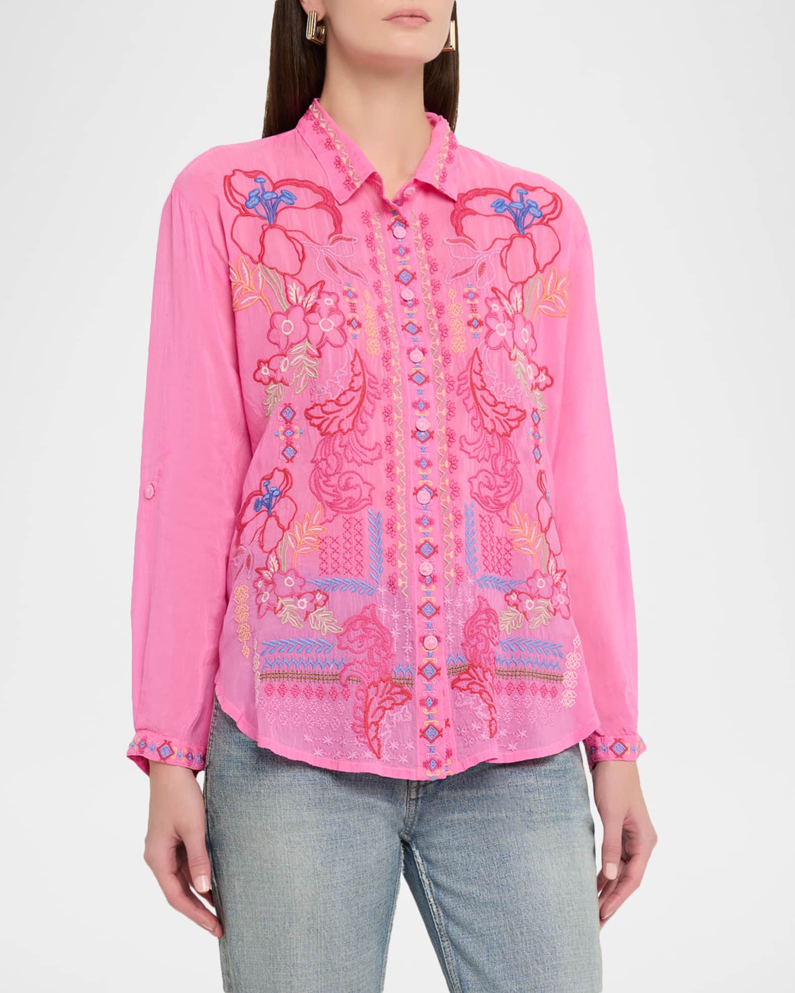Johnny Was Yoella Embroidered Floral-Print Tunic | Neiman Marcus