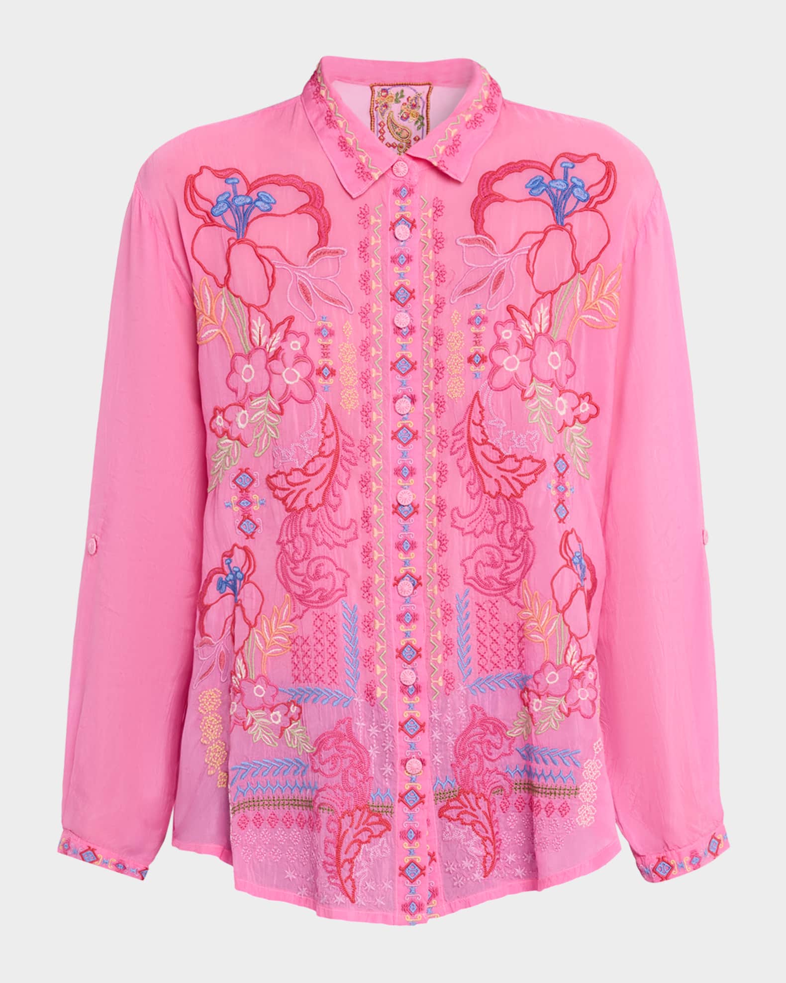 Johnny Was Yoella Embroidered Floral-Print Tunic | Neiman Marcus