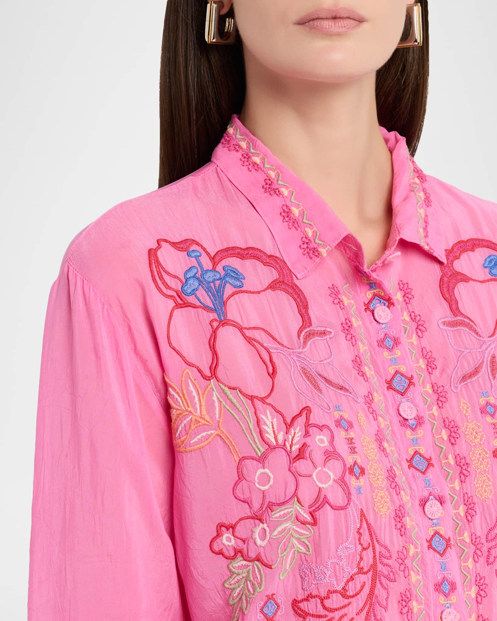 Johnny Was Yoella Embroidered Floral-Print Tunic | Neiman Marcus