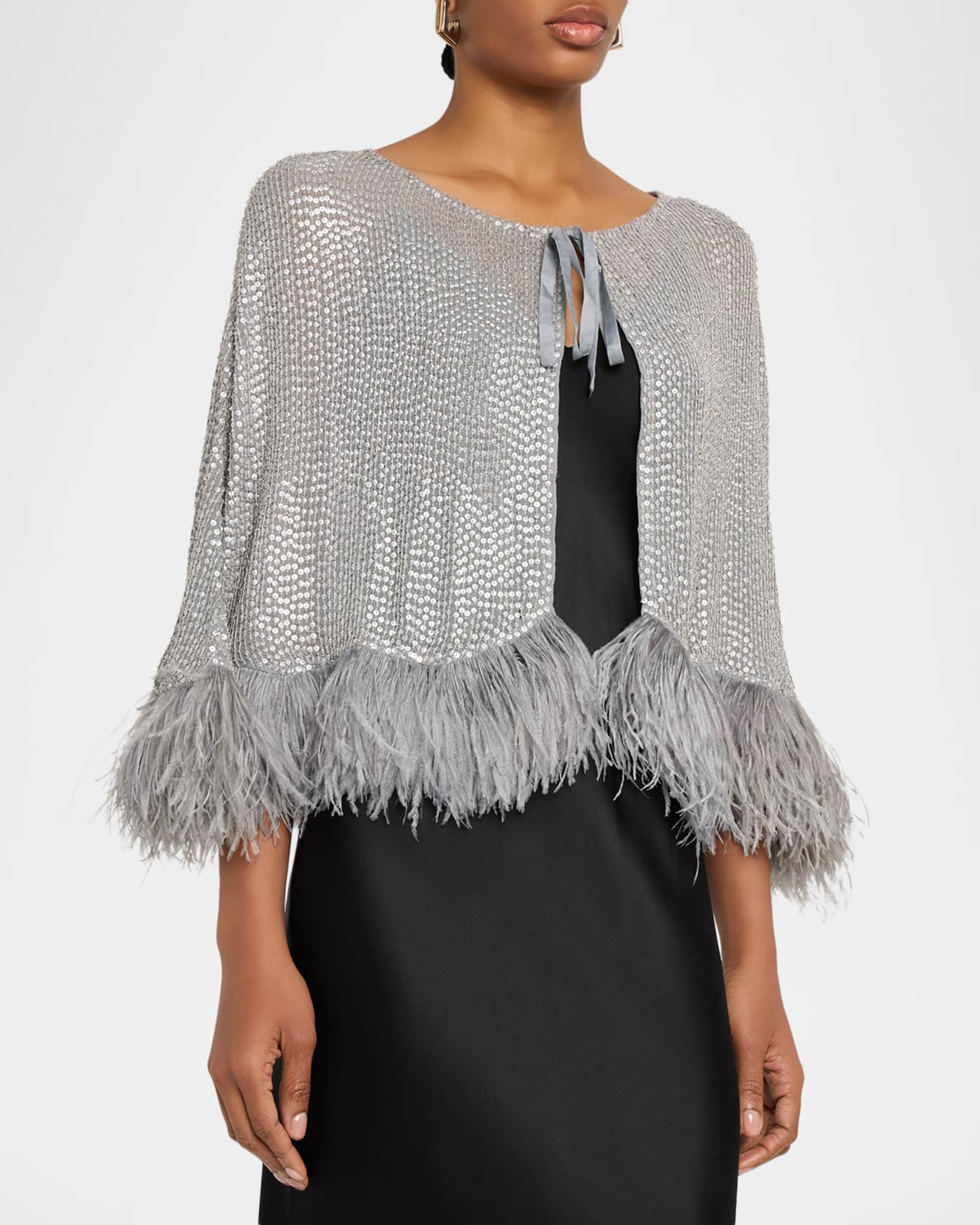 Carolyn Rowan Feather-Hem Beaded Silk Chiffon Cape | Neiman Marcus