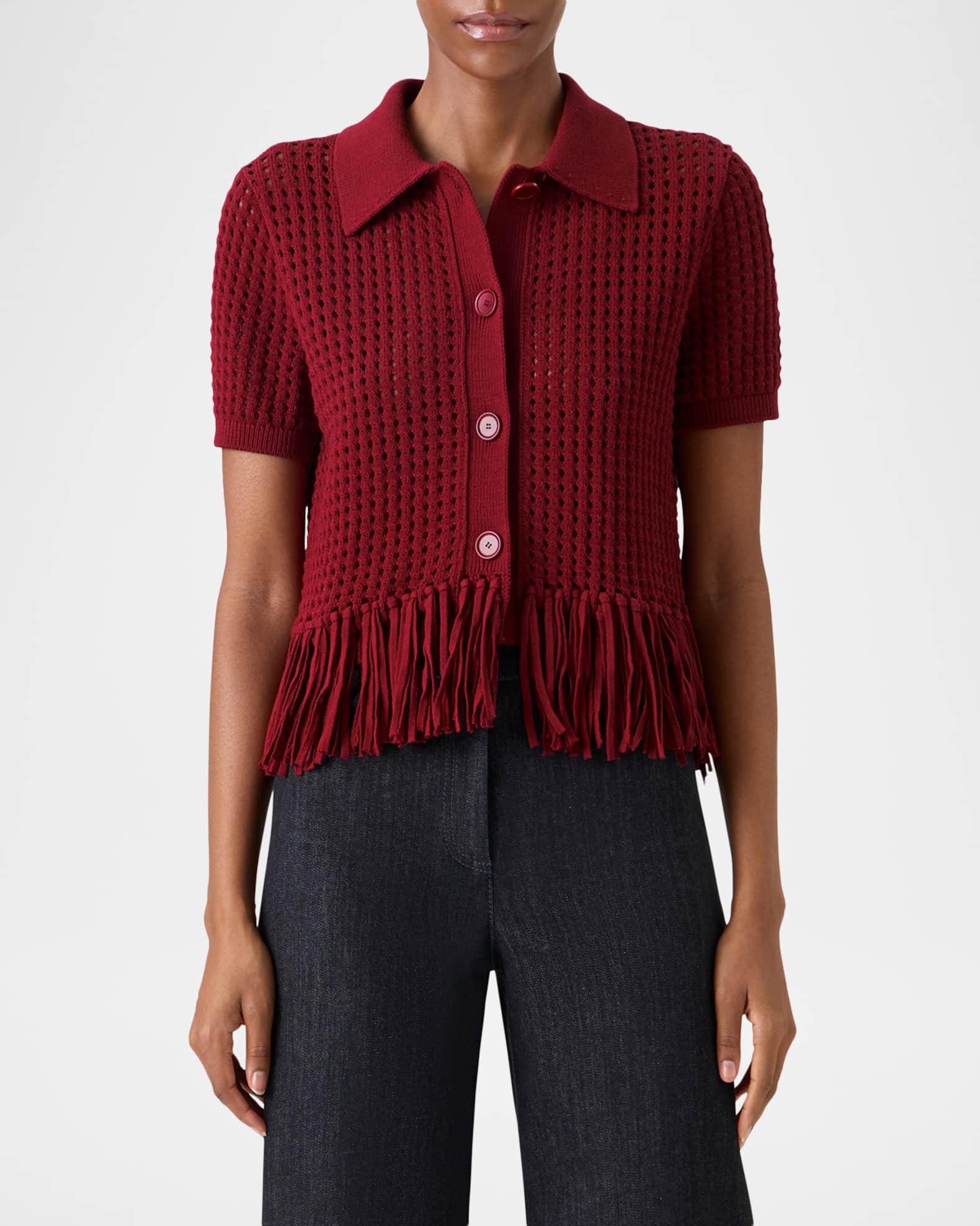Akris punto Chunky Cotton Mesh Knit Fringed Collared Cardigan | Neiman ...