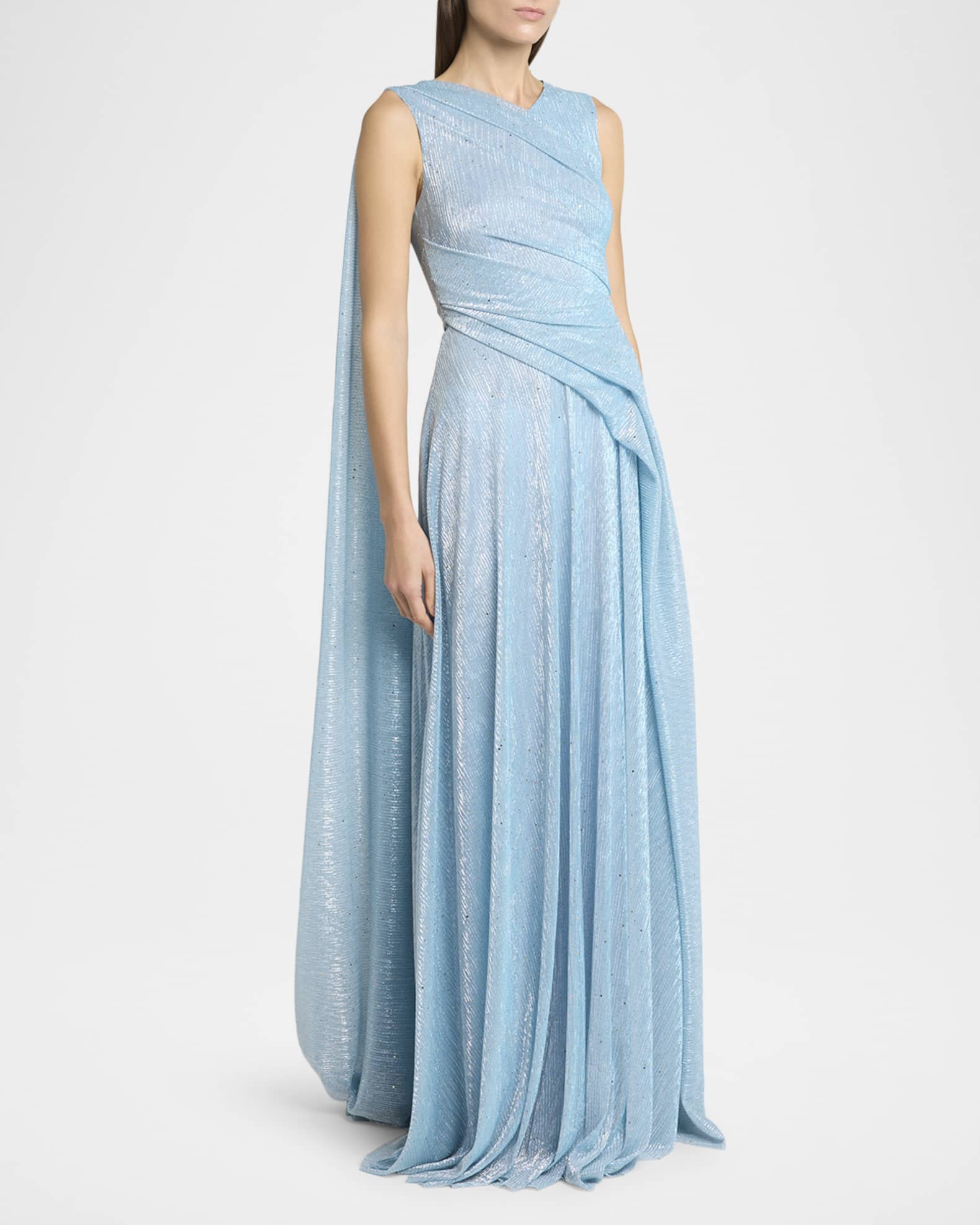 Talbot Runhof Draped Sleeveless Metallic Gown with Cape | Neiman Marcus