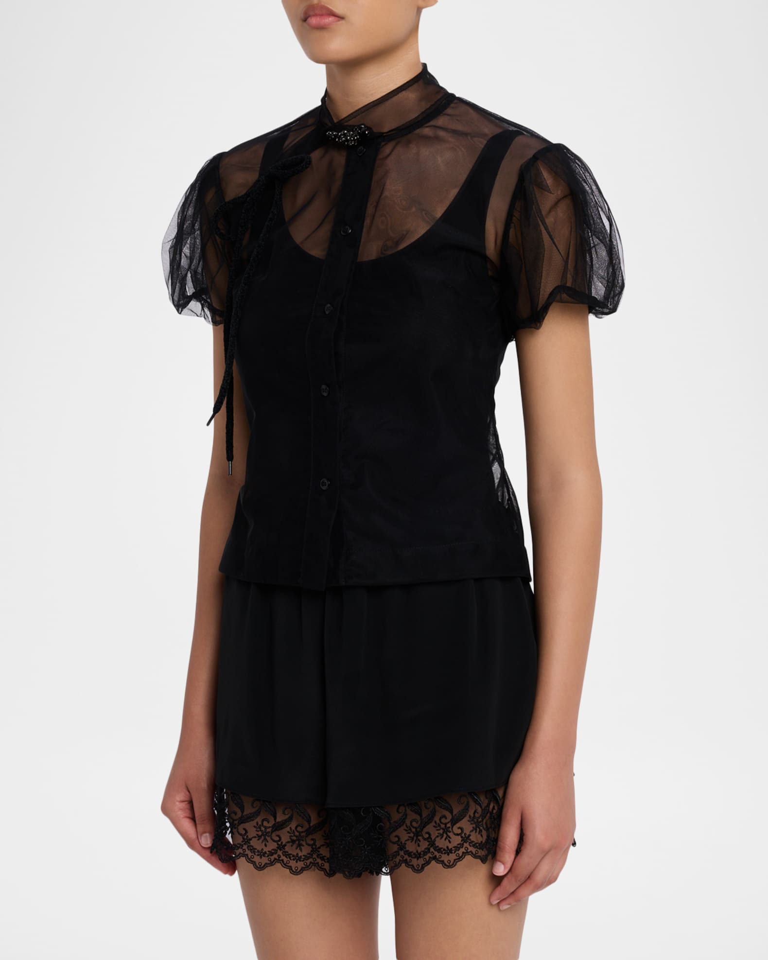 Simone Rocha Sheer Tulle Puff-Sleeve Button-Down Shirt | Neiman Marcus