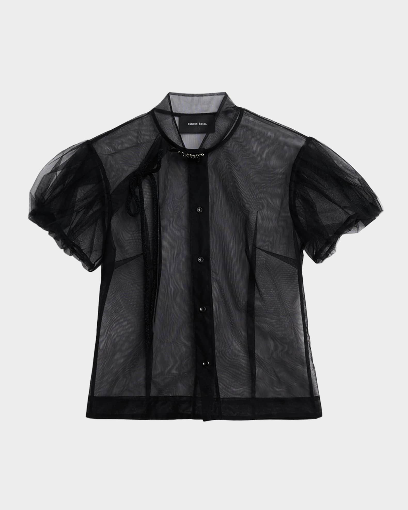 Simone Rocha Sheer Tulle Puff-Sleeve Button-Down Shirt | Neiman Marcus