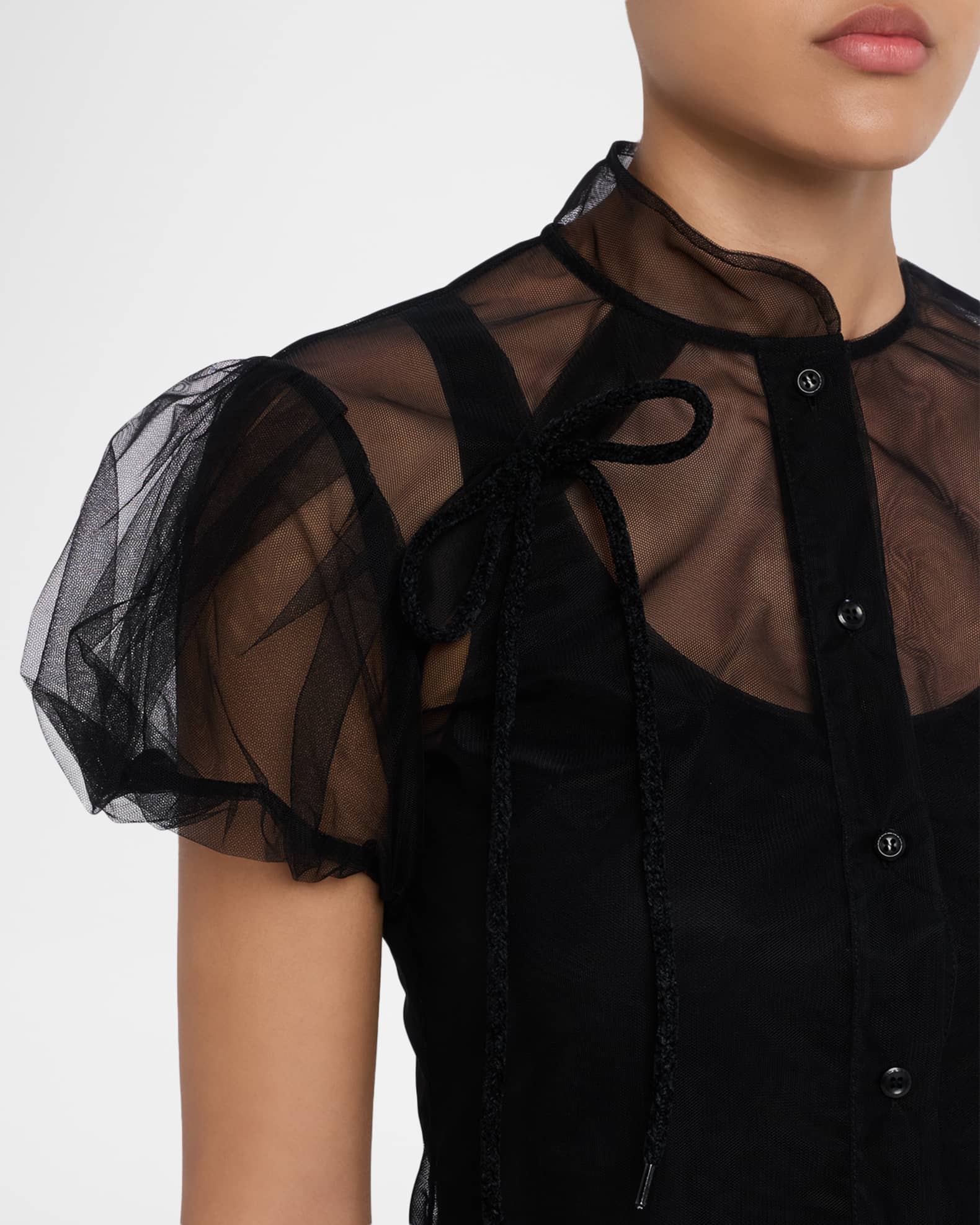 Simone Rocha Sheer Tulle Puff-Sleeve Button-Down Shirt | Neiman Marcus