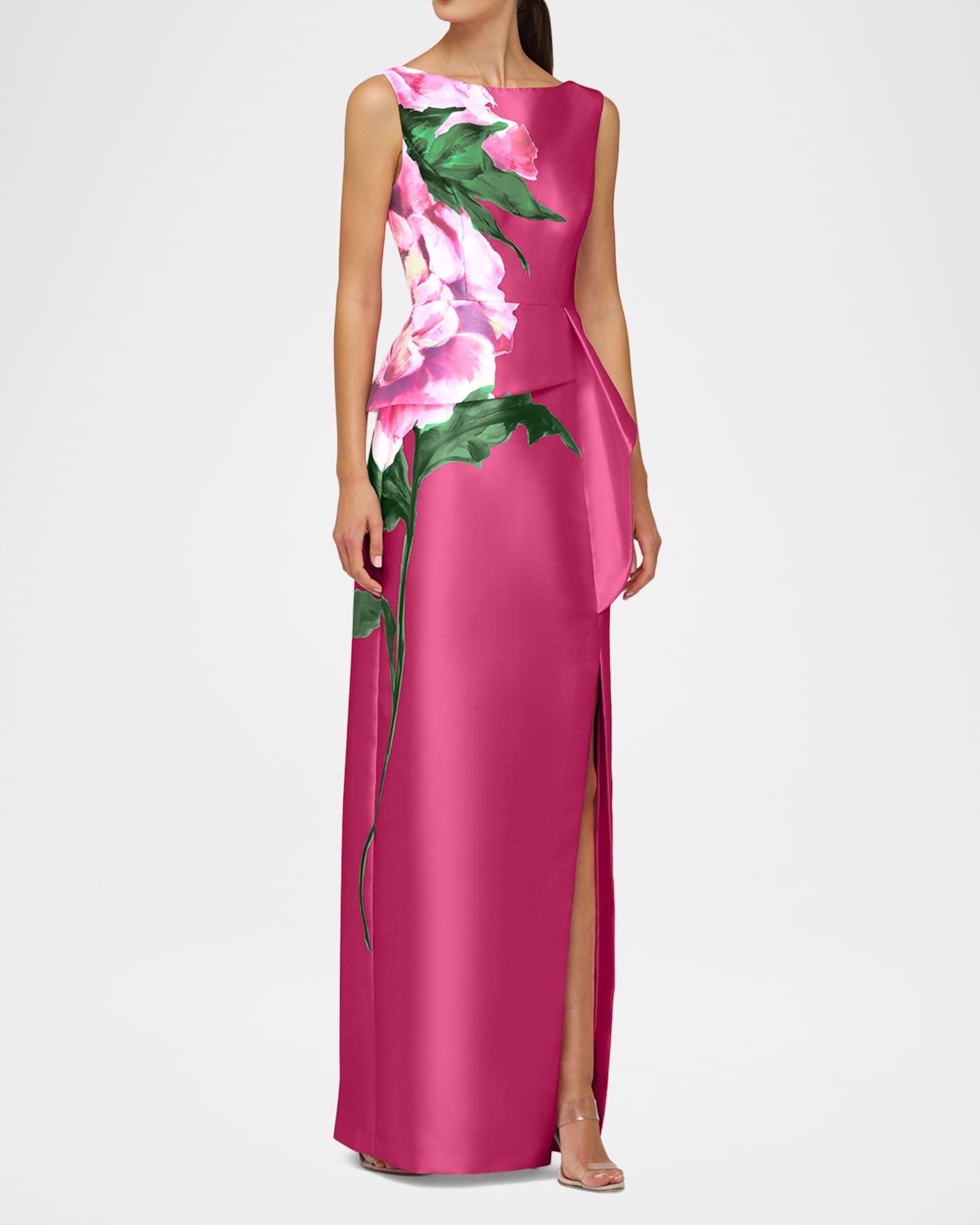 Kay Unger New York Luciana Floral-Print Mikado Column Gown | Neiman Marcus