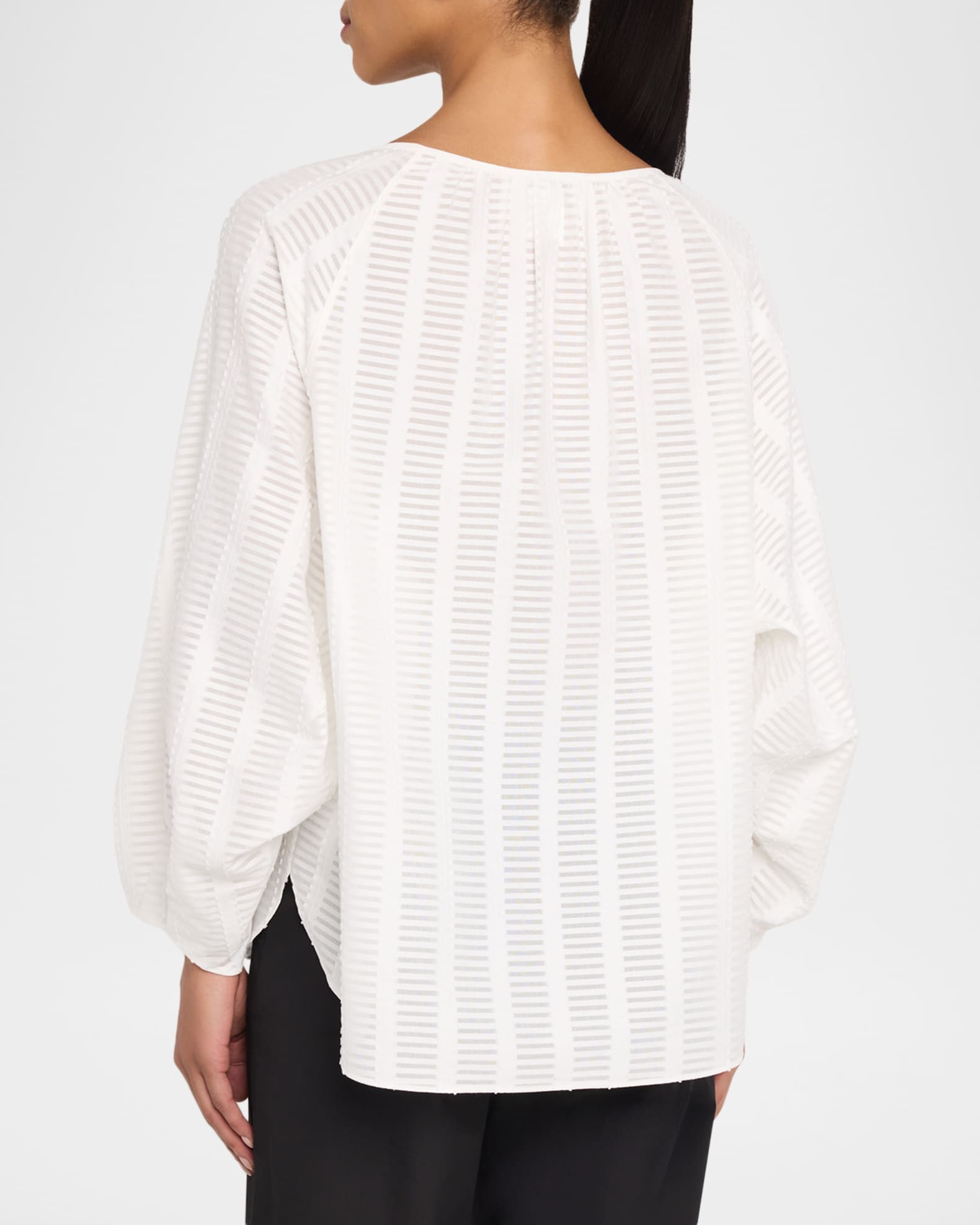 Lafayette 148 New York Blouson-Sleeve Sheer Striped Cotton Blouse ...