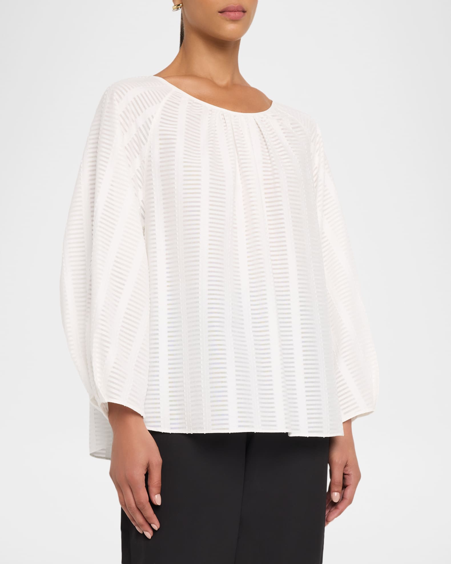 Lafayette 148 New York Blouson-Sleeve Sheer Striped Cotton Blouse ...