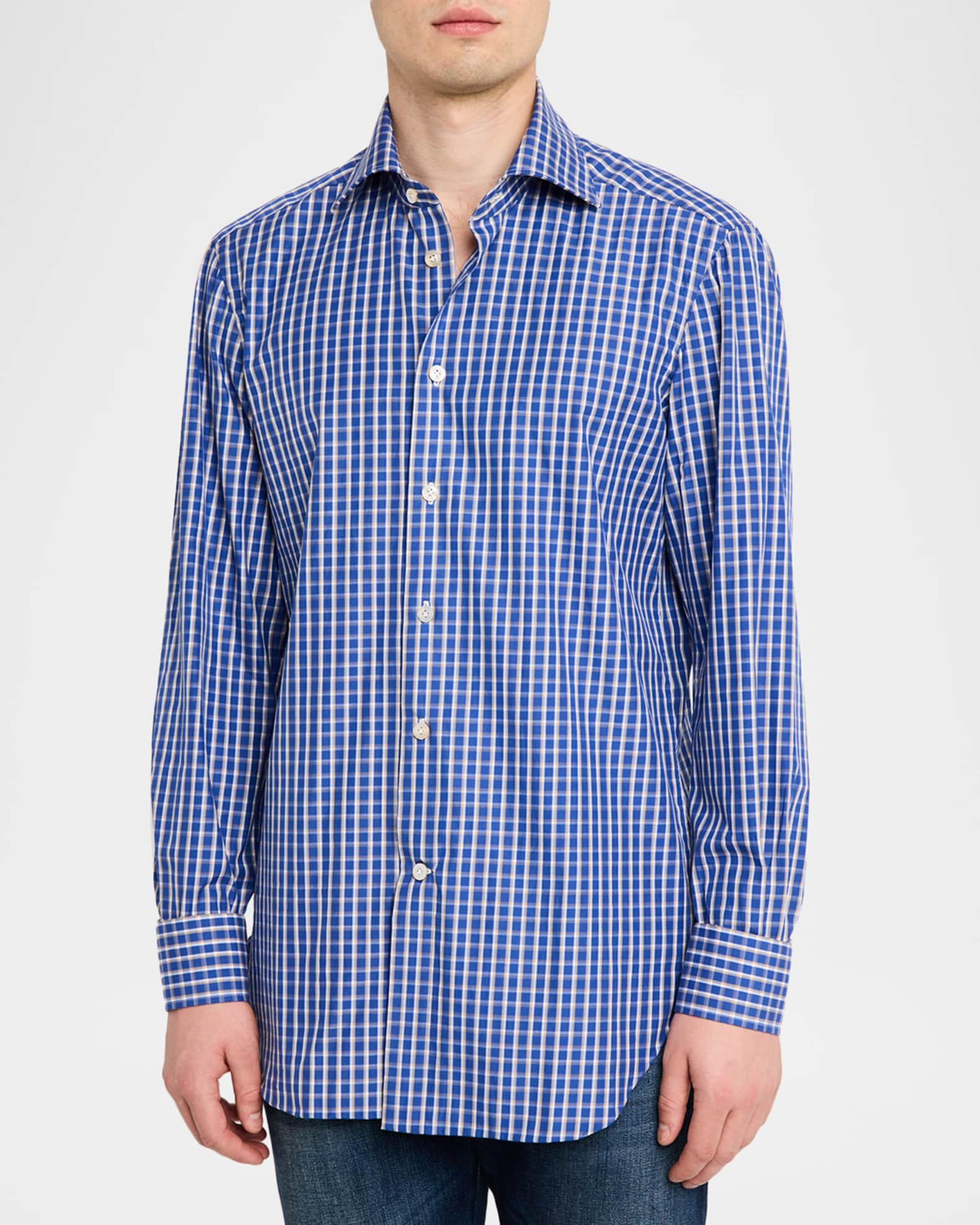 Kiton Men's Windowpane Plaid Cotton Sport Shirt | Neiman Marcus