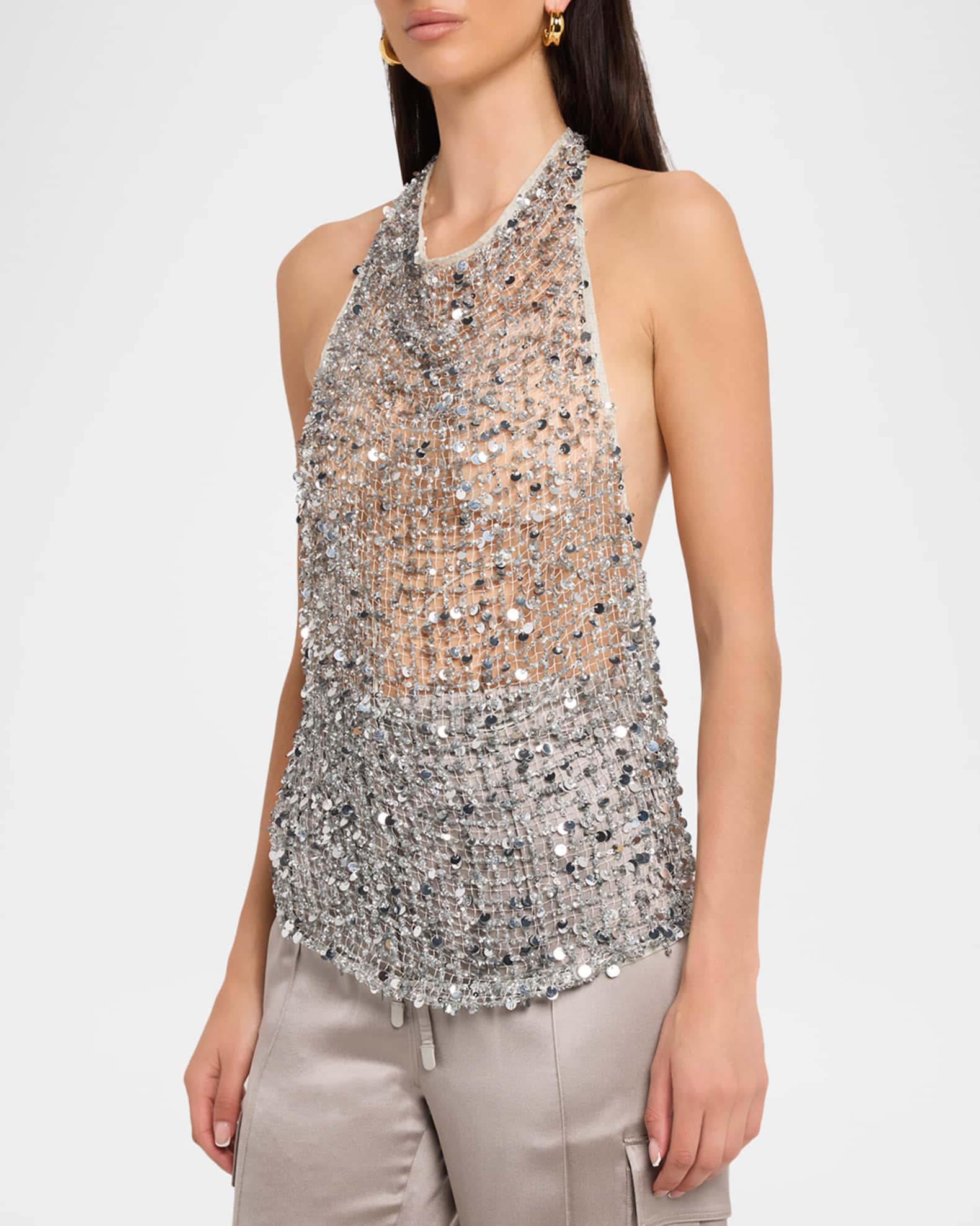 LAPOINTE Sequined Net Mesh Halter Top | Neiman Marcus