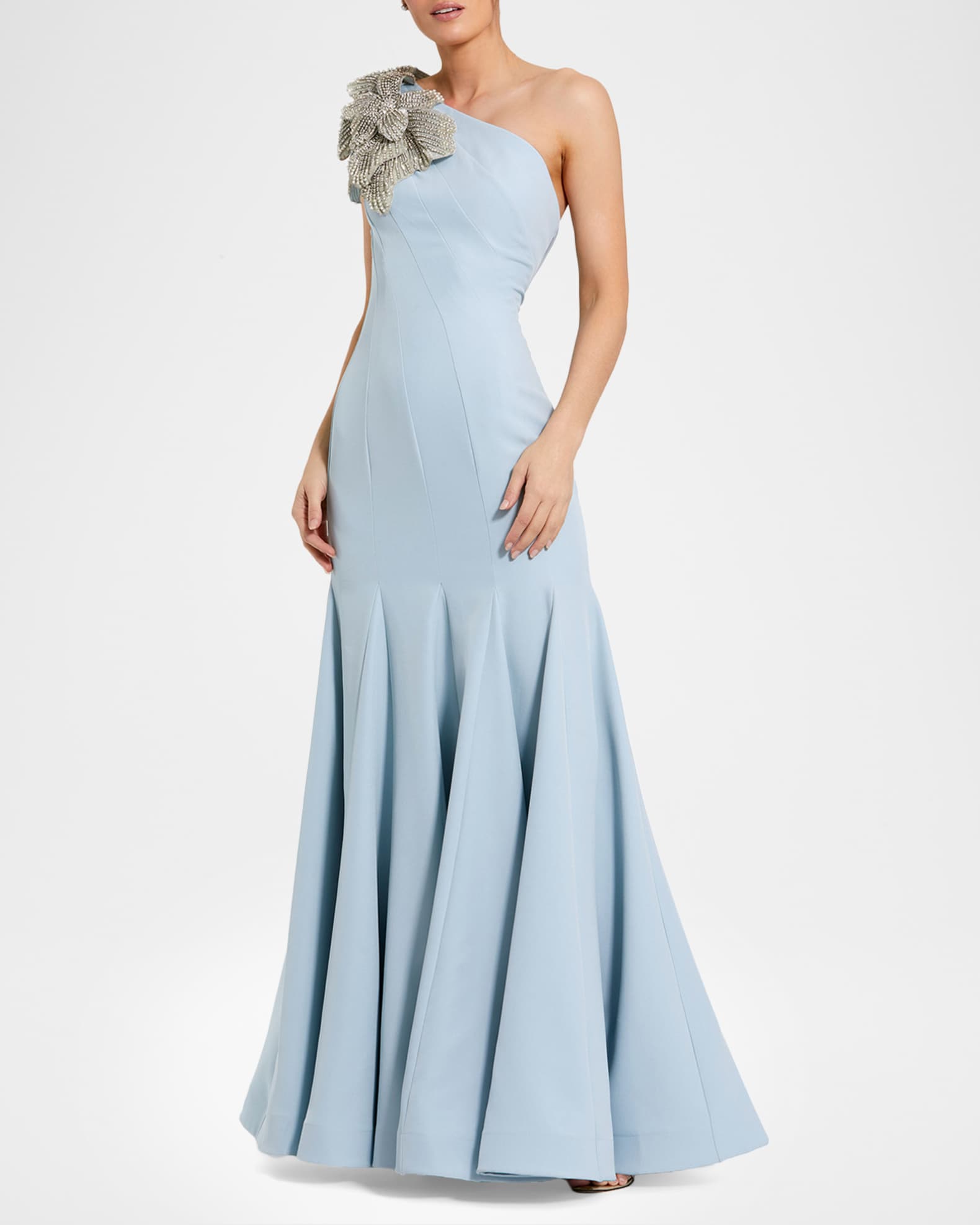 Mac Duggal One-Shoulder Trumpet Gown w/ Crystal Flower | Neiman Marcus