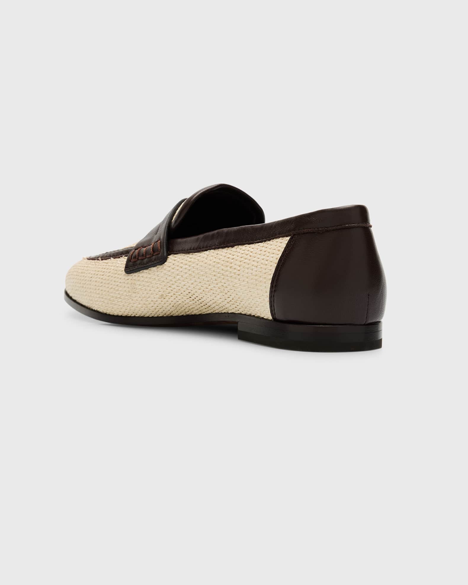 Brunello Cucinelli Micro Raffia and Leather Penny Loafers | Neiman Marcus
