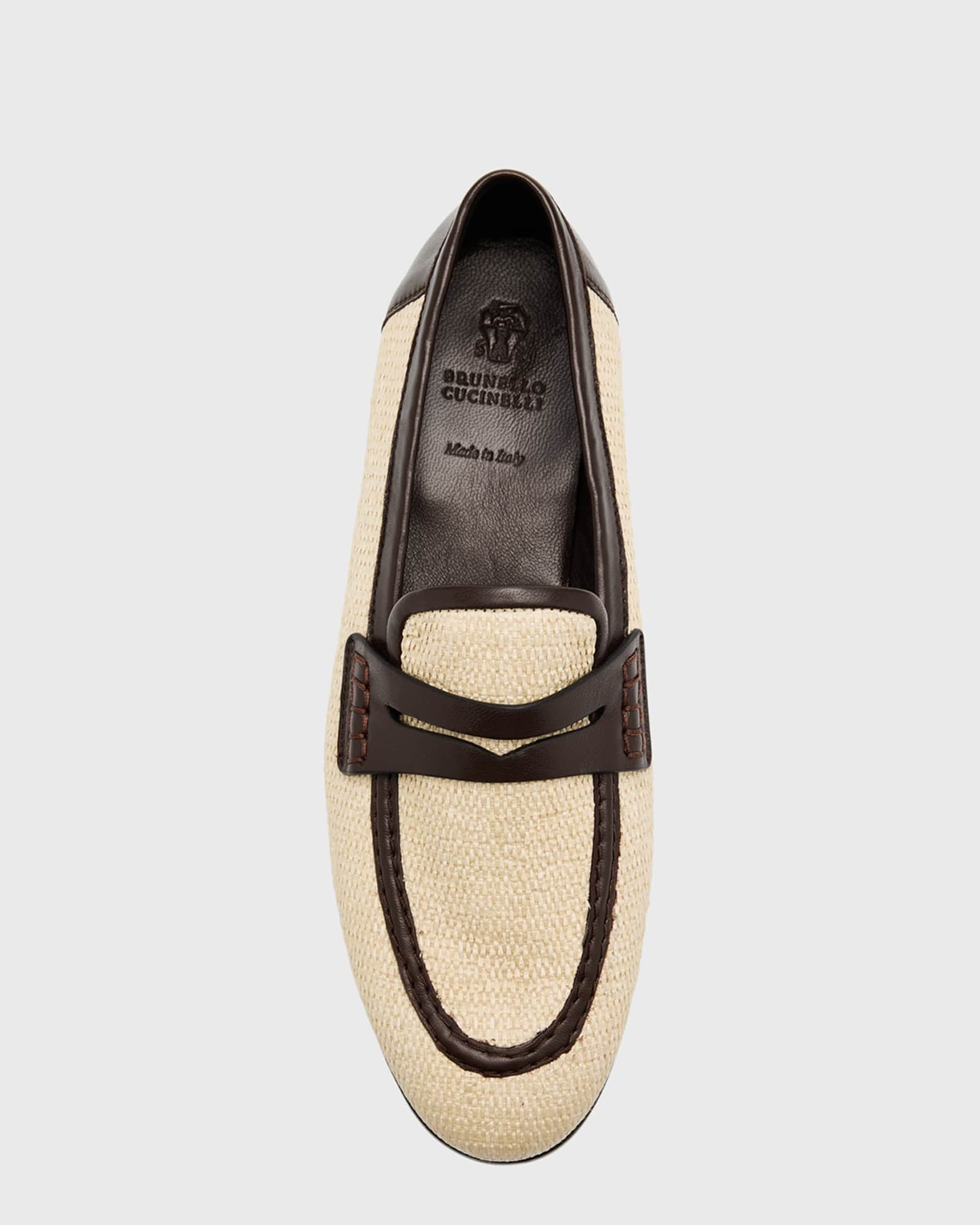 Brunello Cucinelli Micro Raffia and Leather Penny Loafers | Neiman Marcus