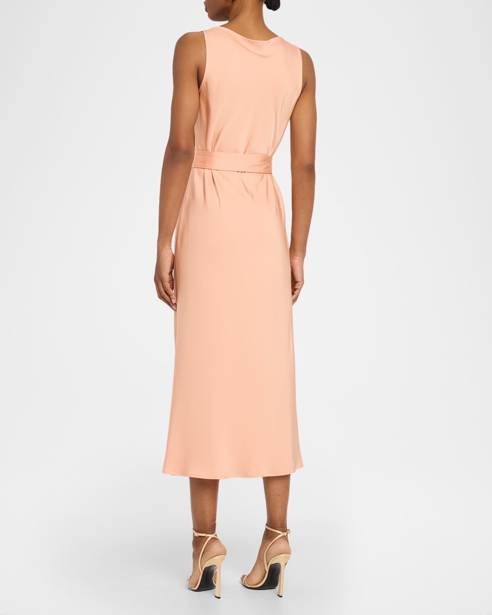 LAPOINTE Lightweight Satin Cowl-Neck Belted Midi Dress | Neiman Marcus