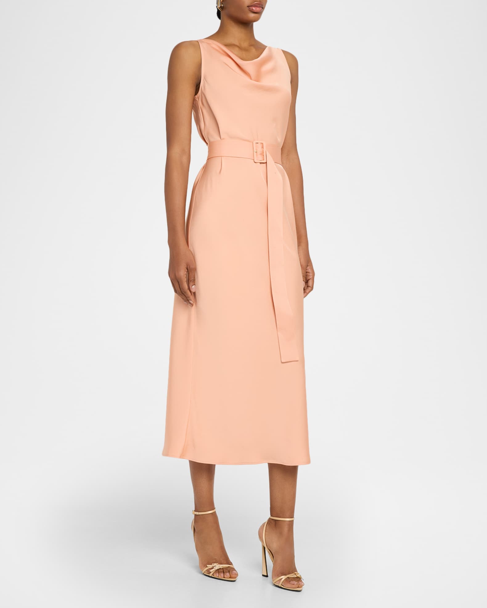 LAPOINTE Lightweight Satin Cowl-Neck Belted Midi Dress | Neiman Marcus