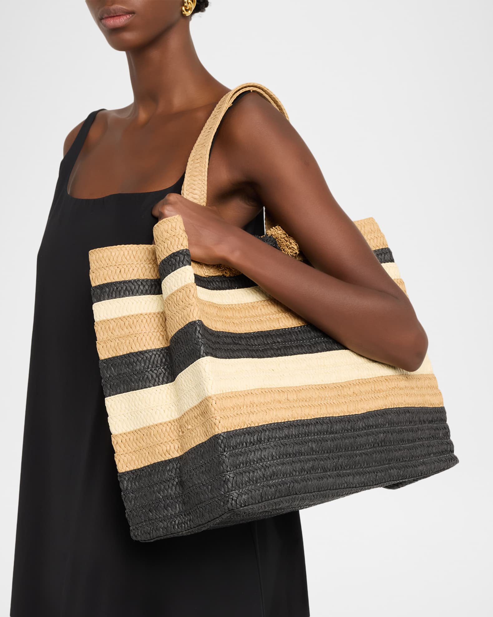 BTB Los Angeles Lou Striped Woven Paper Straw Tote Bag | Neiman Marcus