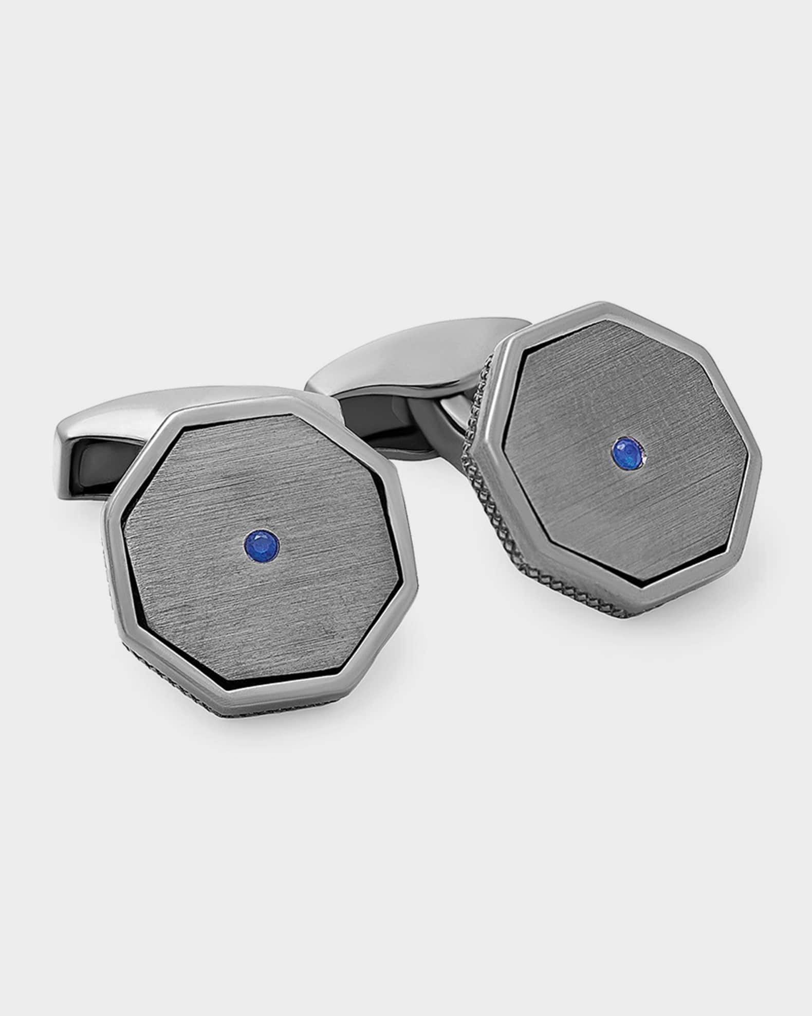 Tateossian Men's Rhodium-Plated Silver and Blue Sapphire Octagonal ...