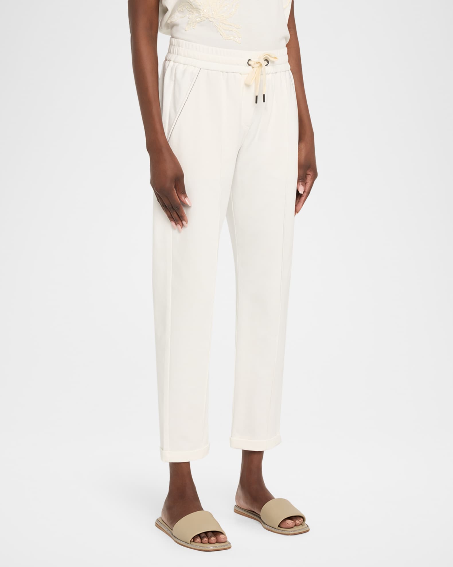 Brunello Cucinelli Monili-Trim Cotton Slim-Leg Ankle Drawstring Pants ...