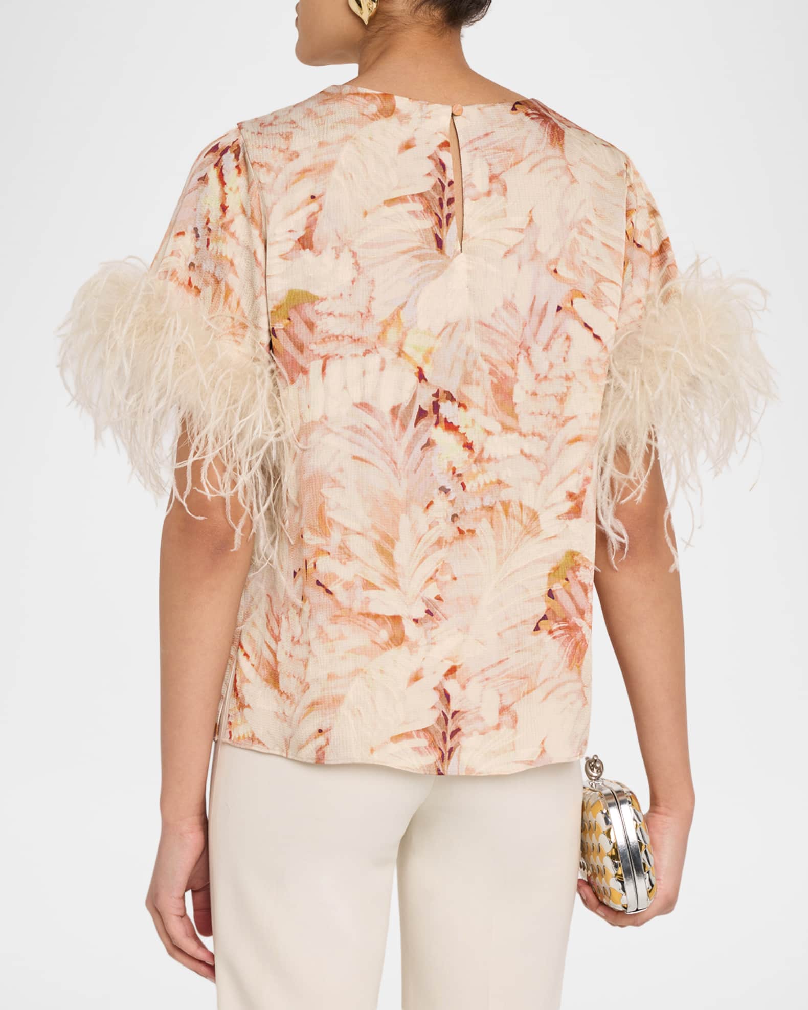 Ungaro Logan Feather-Cuff Floral-Print Blouse | Neiman Marcus