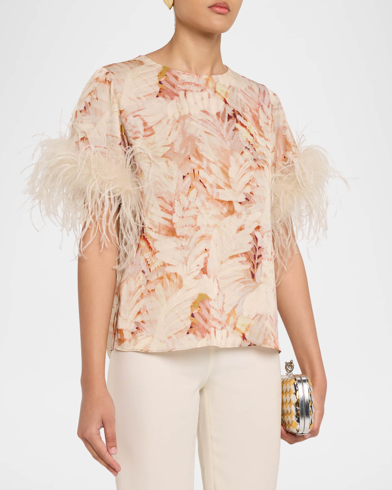Ungaro Logan Feather-Cuff Floral-Print Blouse | Neiman Marcus