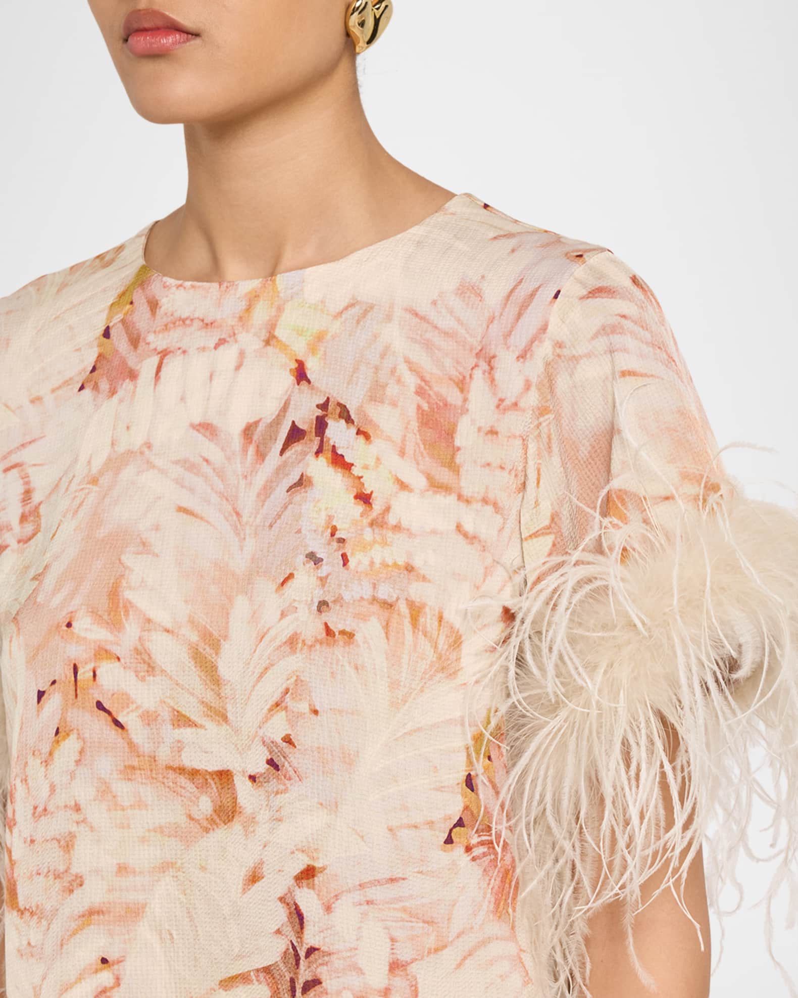 Ungaro Logan Feather-Cuff Floral-Print Blouse | Neiman Marcus