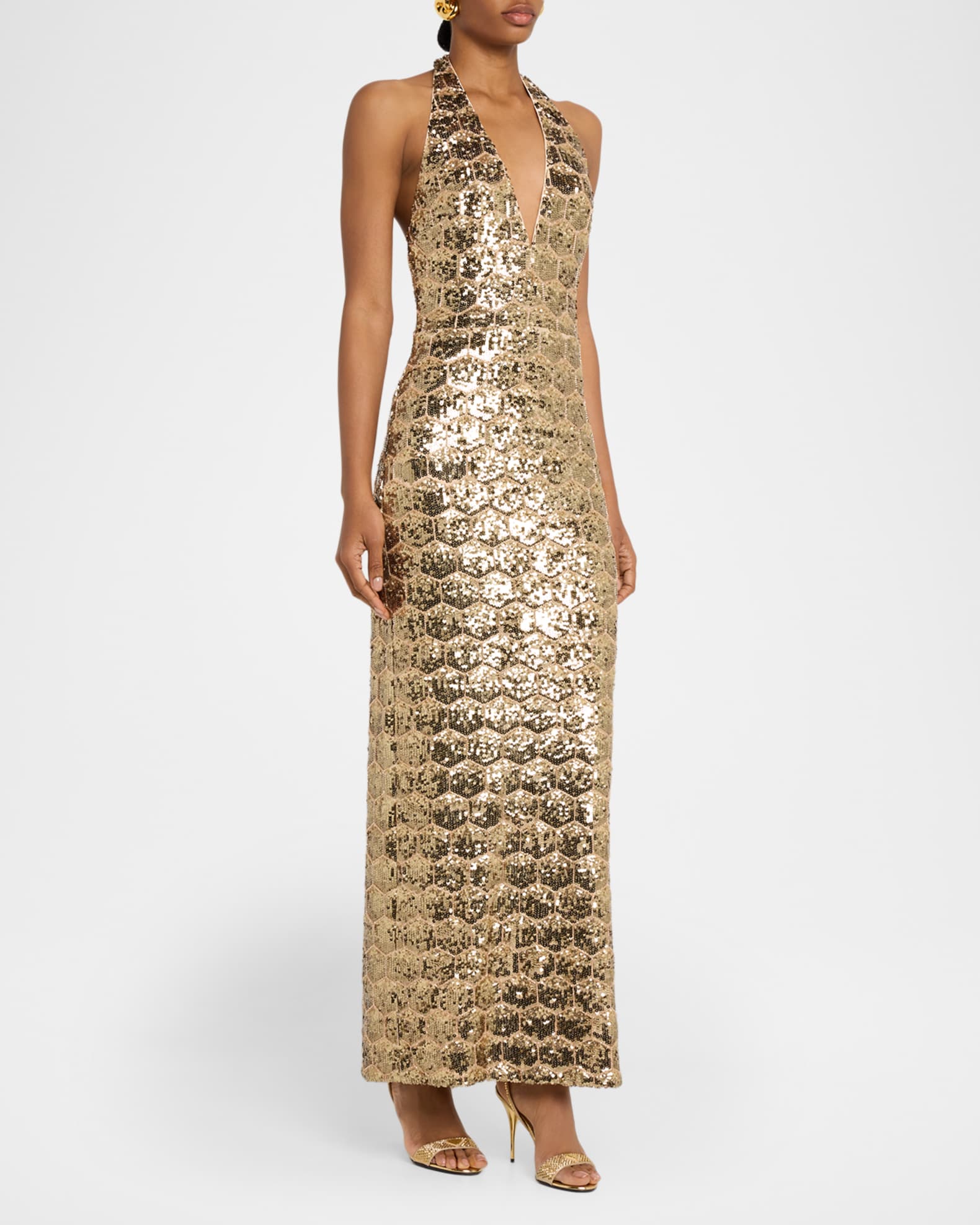 Ramy Brook Shauna Backless Geometric Sequin Halter Gown | Neiman Marcus