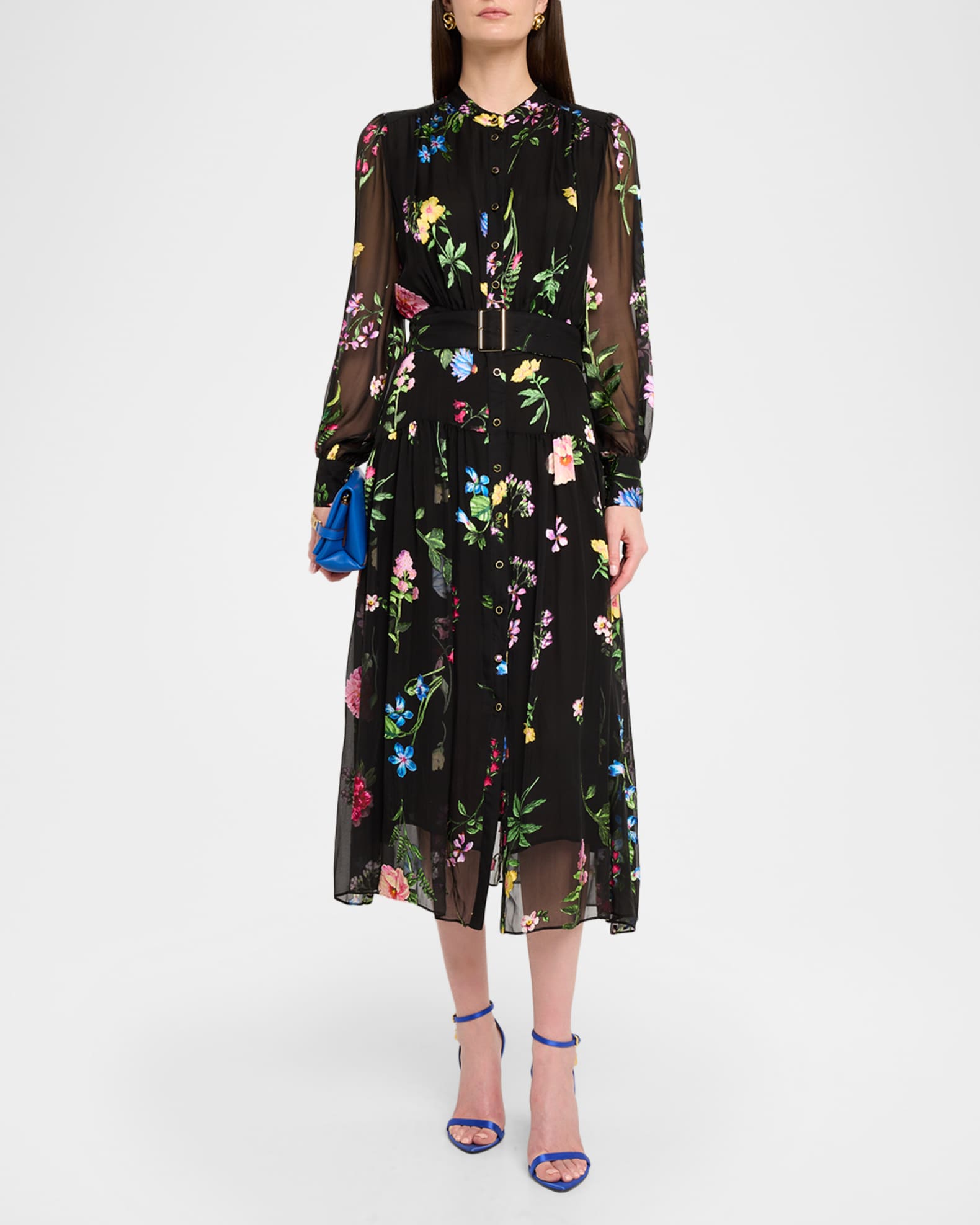 Elie Tahari The Janice Floral-Print Midi Shirtdress | Neiman Marcus