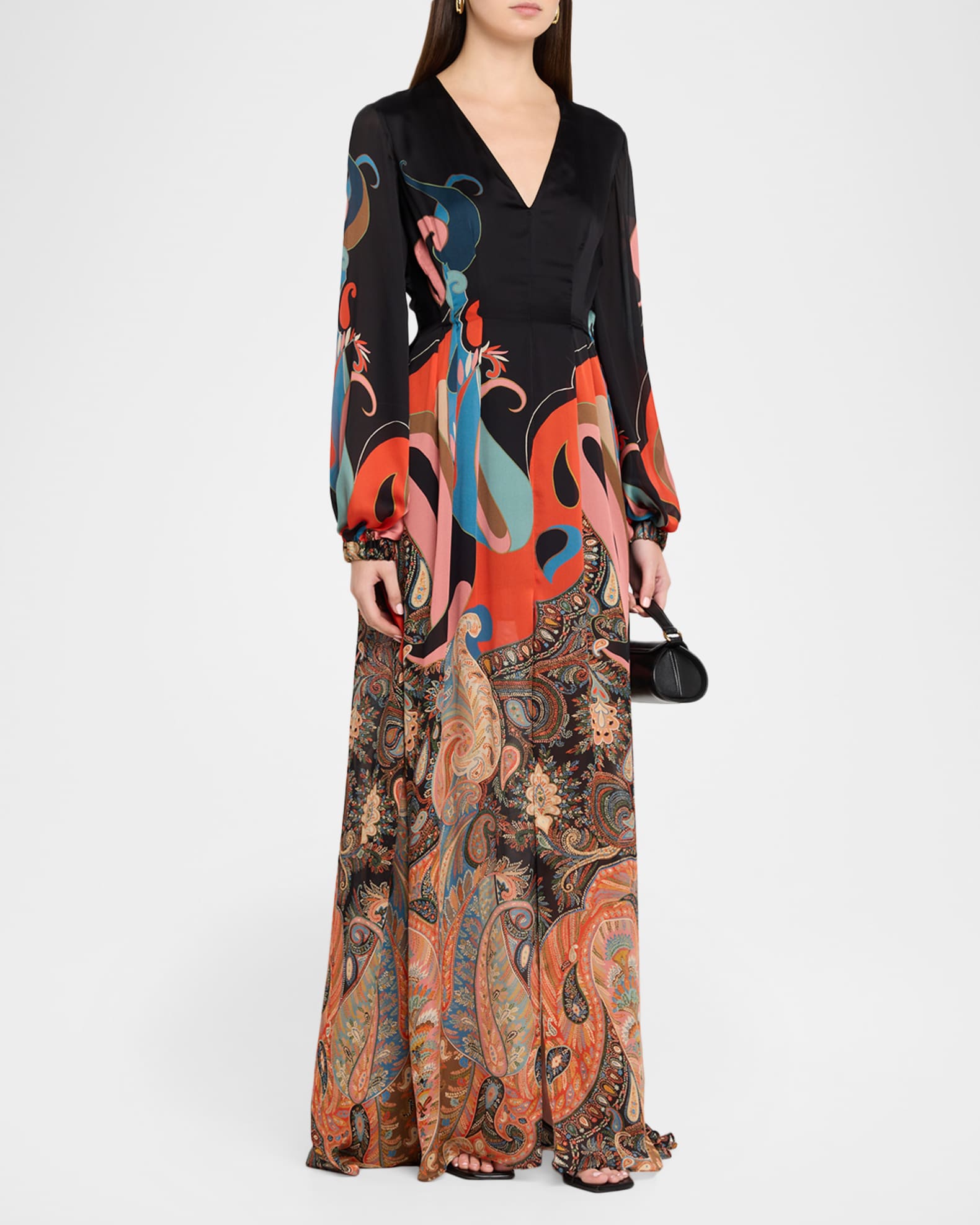 Etro Lotus Paisley-Print Long-Sleeve A-Line Gown | Neiman Marcus