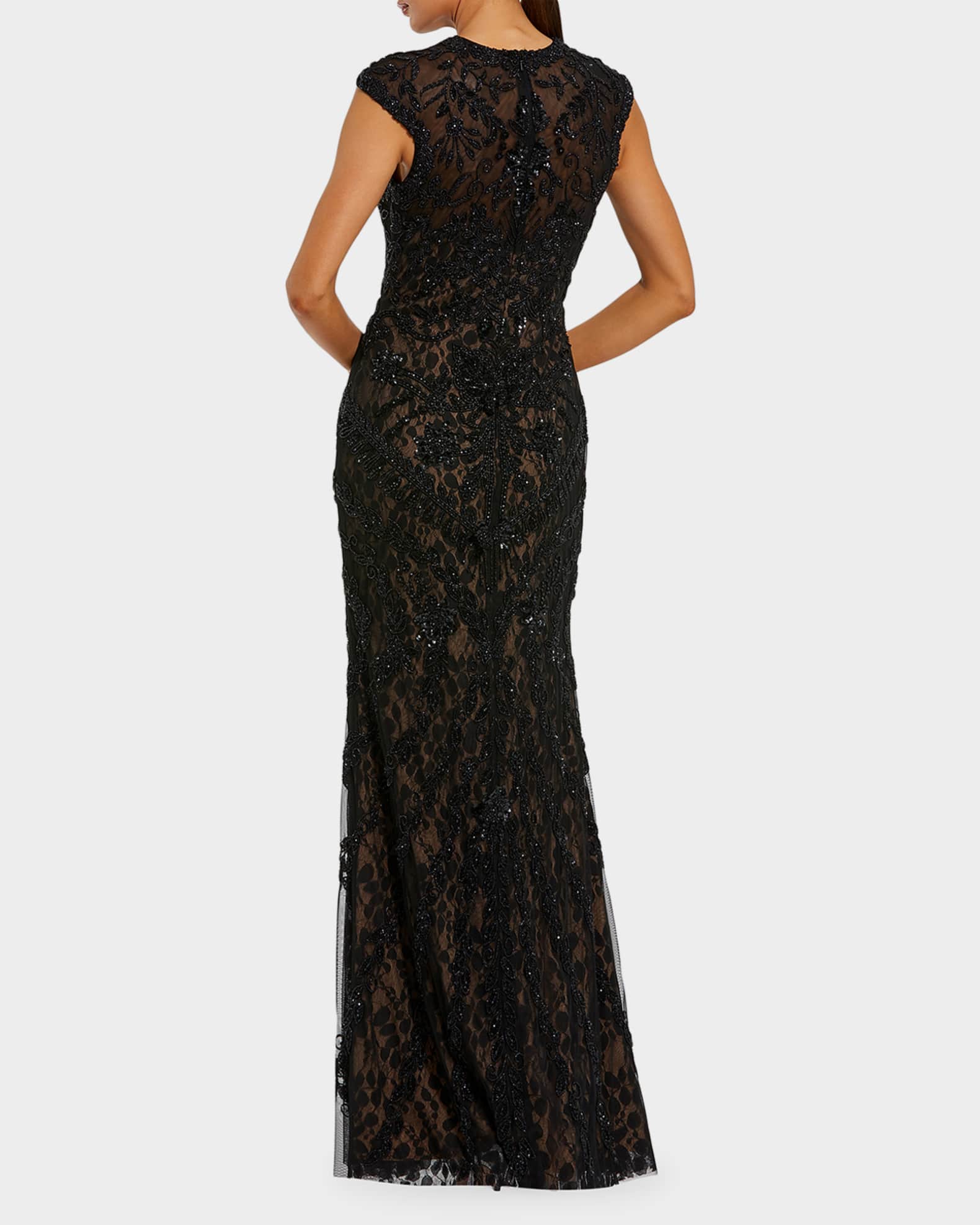 Mac Duggal Beaded Lace Cap-Sleeve Column Gown | Neiman Marcus