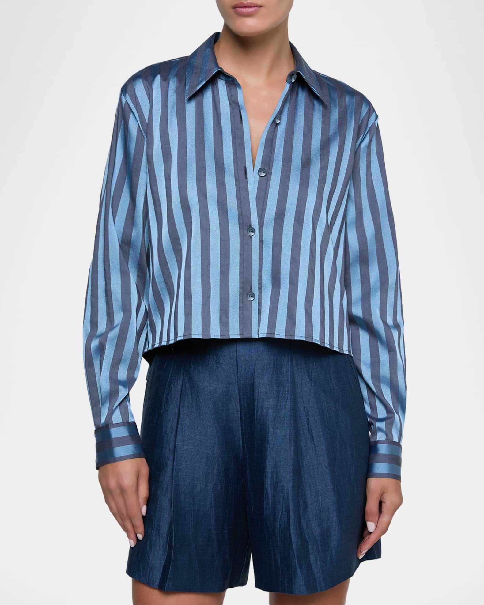 L'Agence Cosette Stripe Cropped High-Low Shirt | Neiman Marcus
