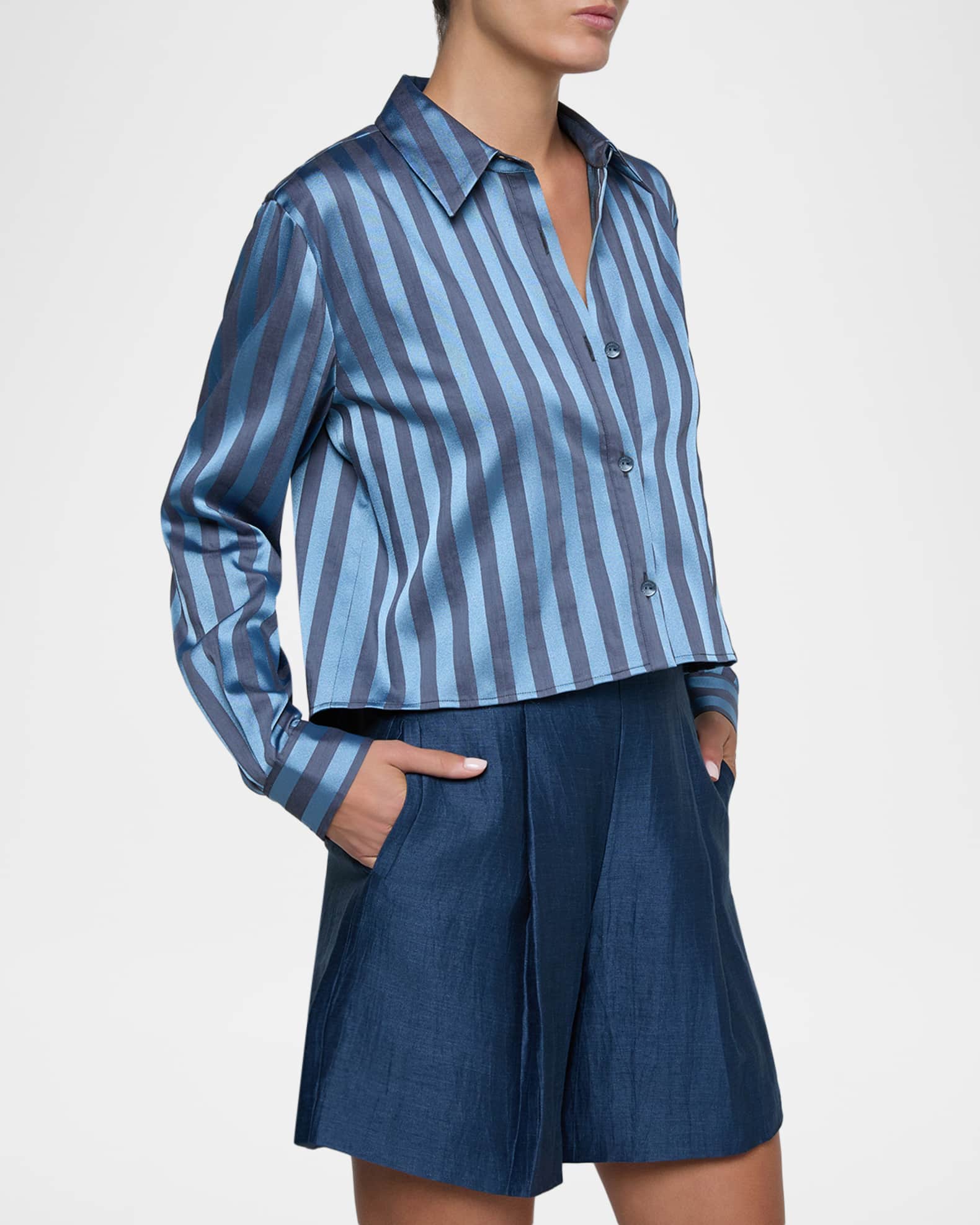 L'Agence Cosette Stripe Cropped High-Low Shirt | Neiman Marcus