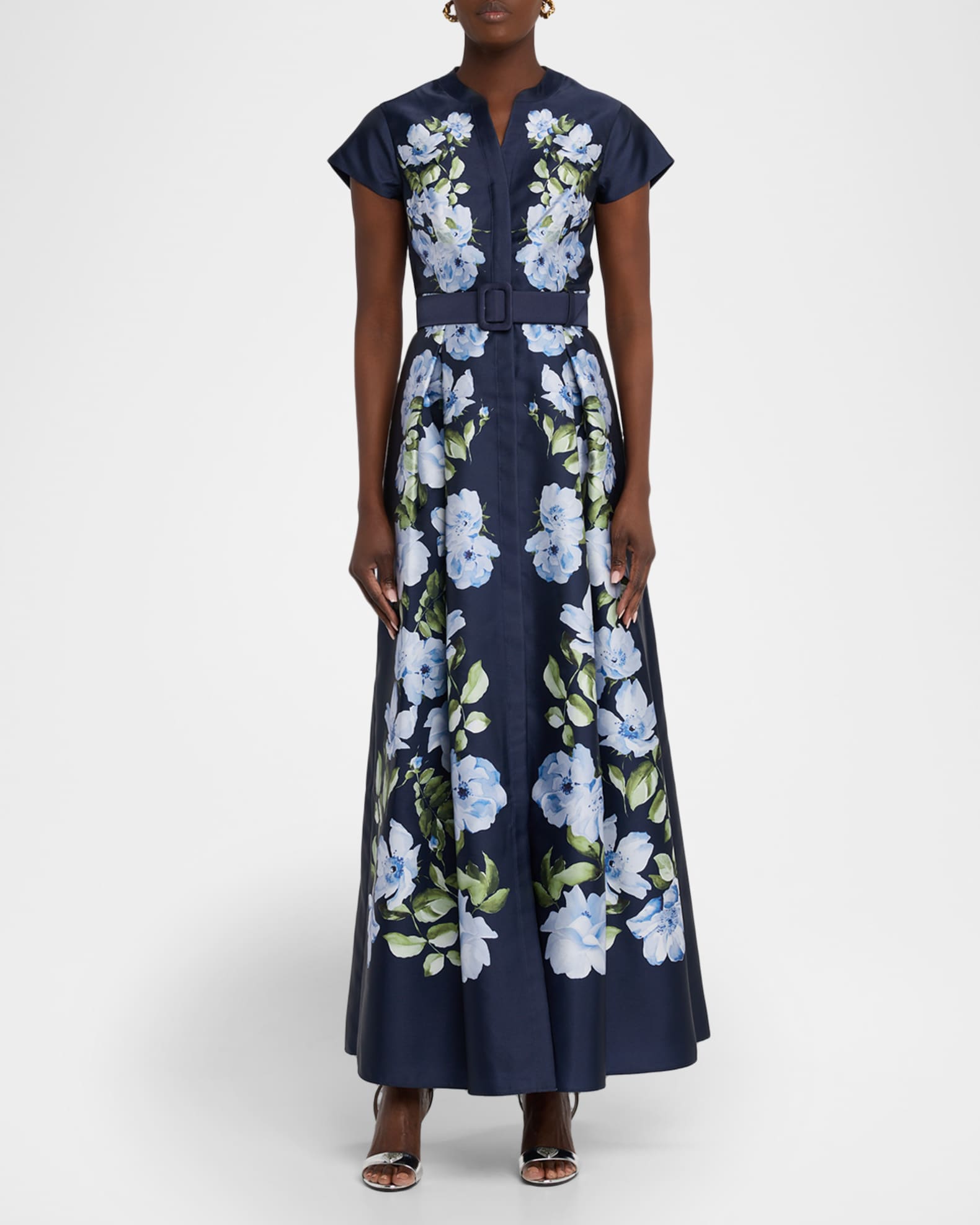 Sachin & Babi Marta Belted Floral-Print Mikado Shirt Gown | Neiman Marcus