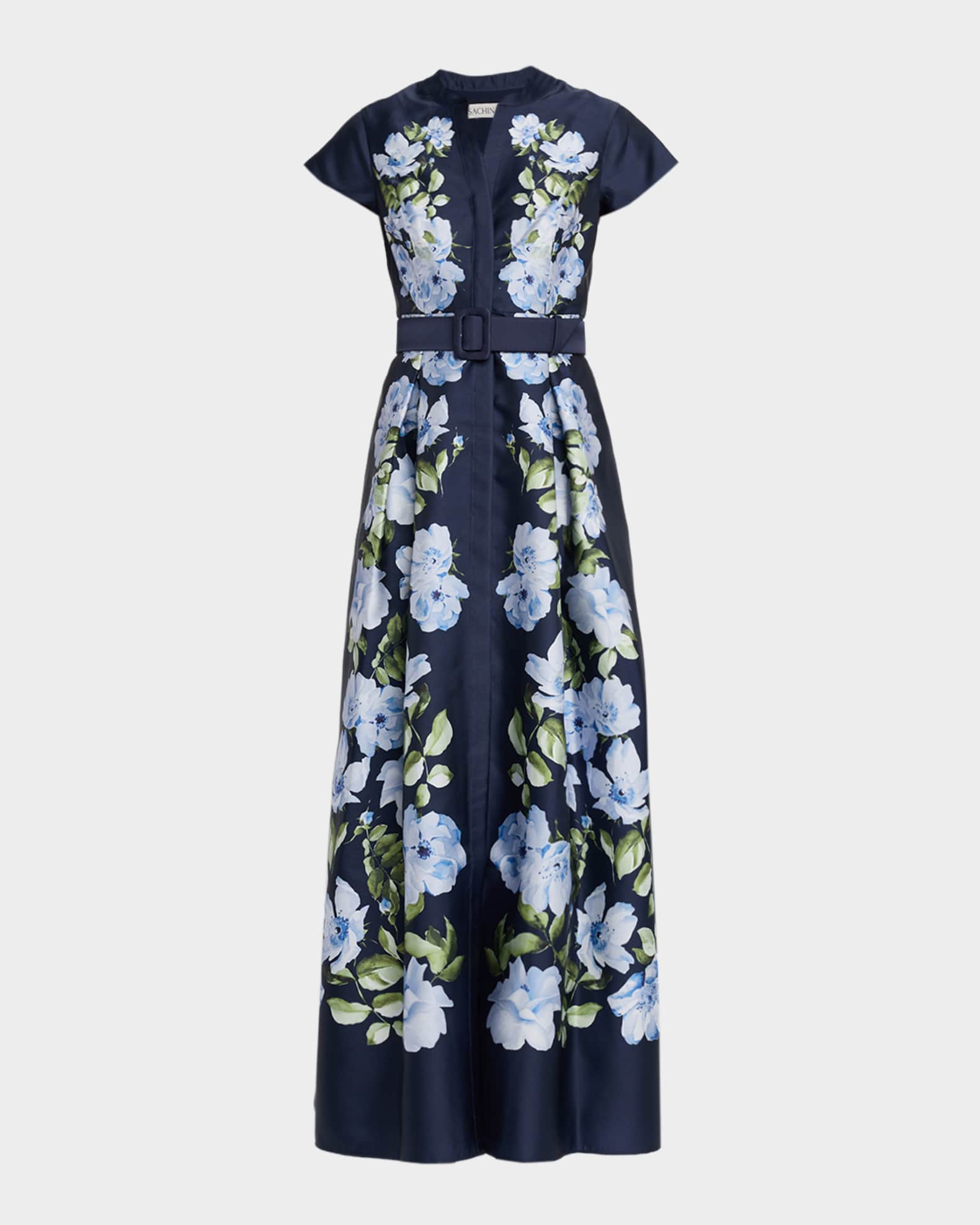 SACHIN BABI Marta Belted Floral-Print Mikado Shirt Gown | Neiman Marcus