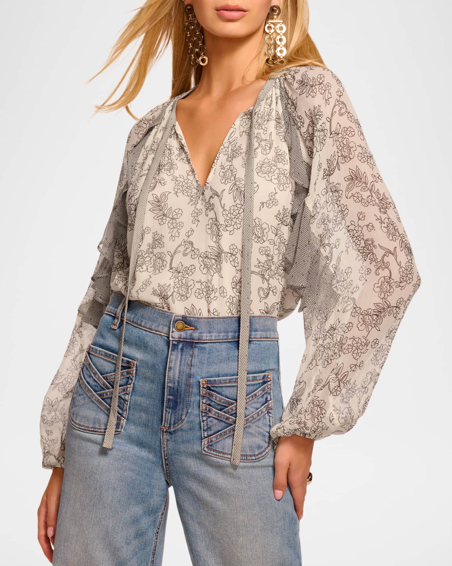 Ramy Brook Emily Printed Silk Long-Sleeve Blouse | Neiman Marcus