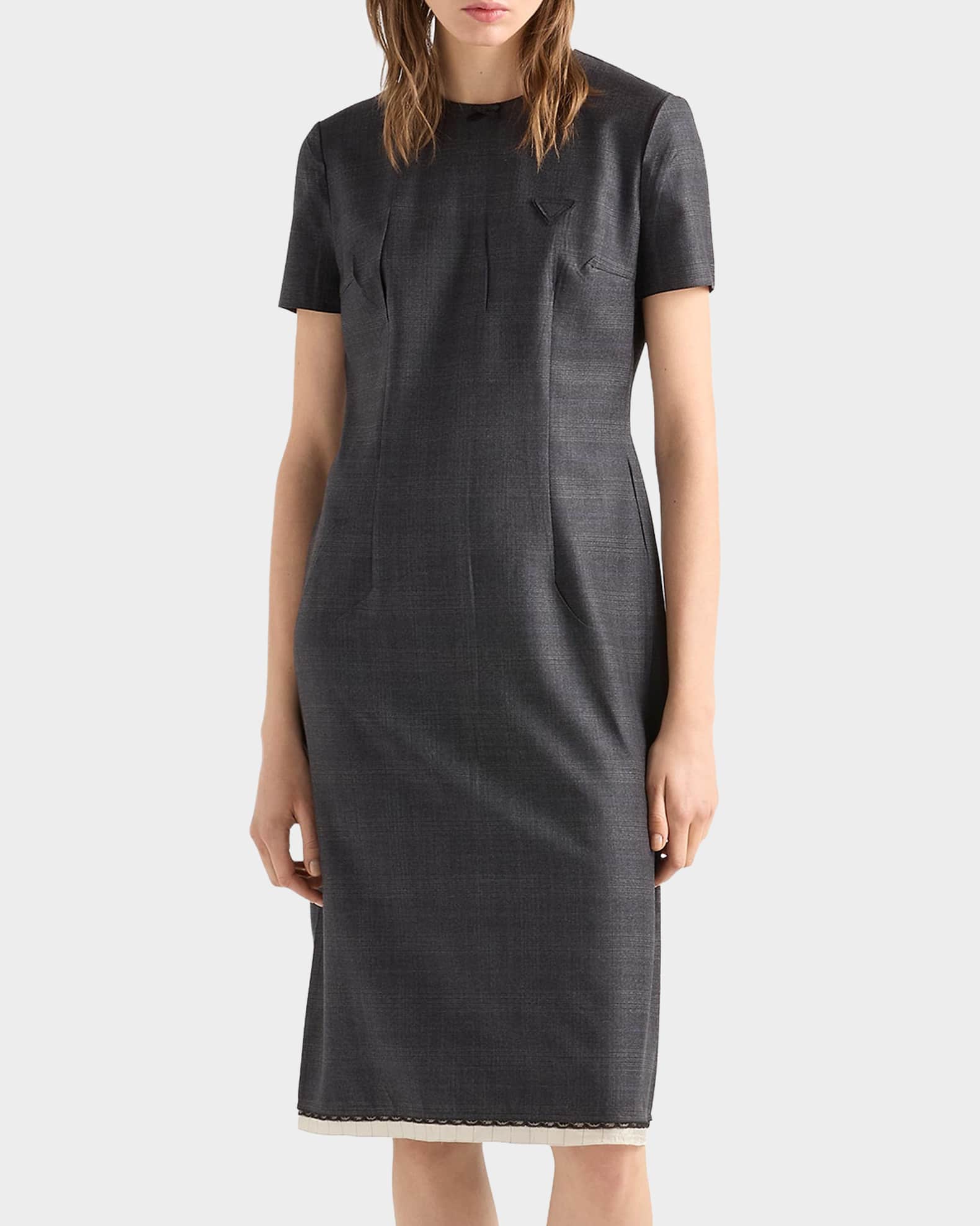 Prada Checked Wool Short-Sleeve Sheath Dress | Neiman Marcus