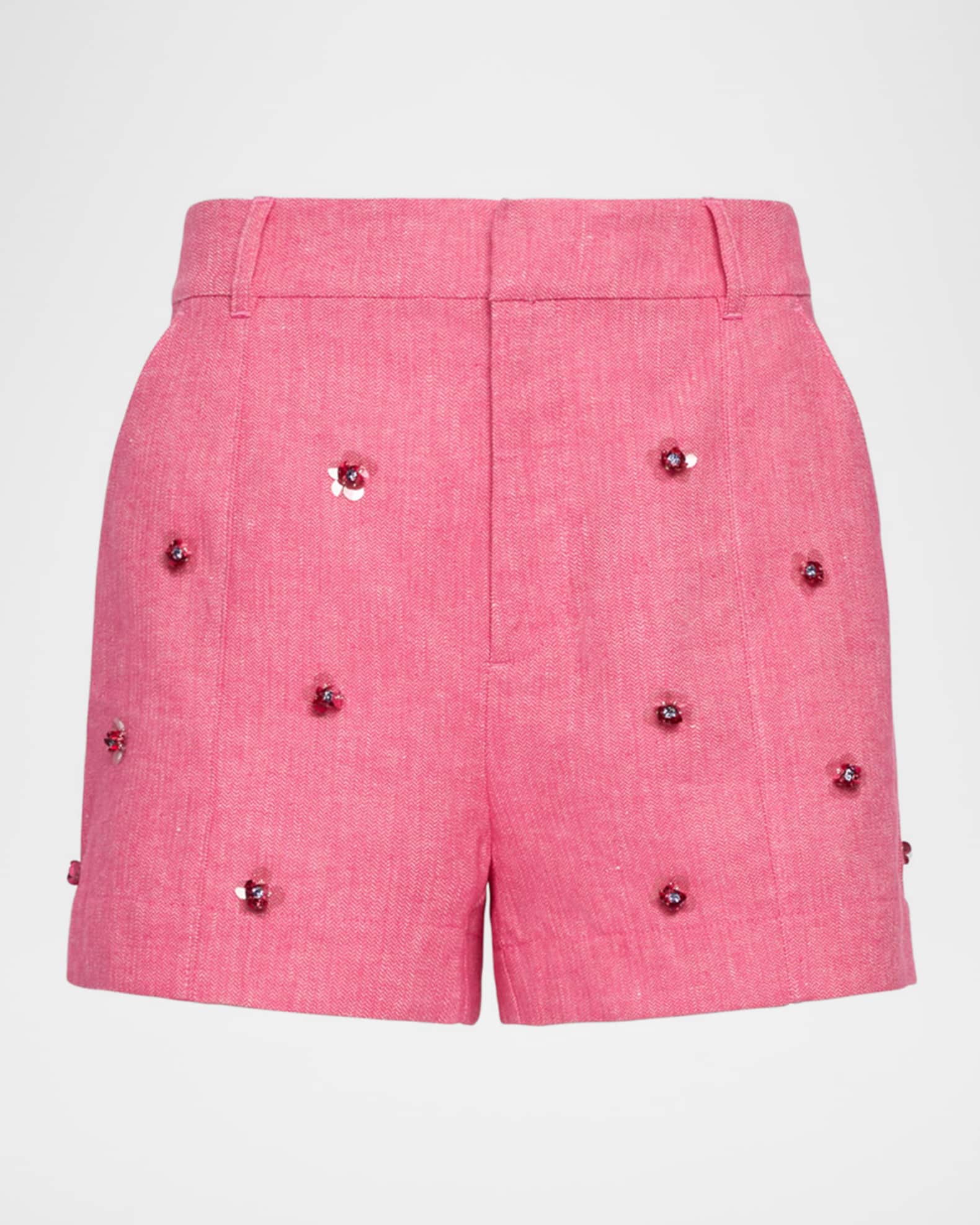 Cinq a Sept Wildflower Paillette Linen Shorts | Neiman Marcus