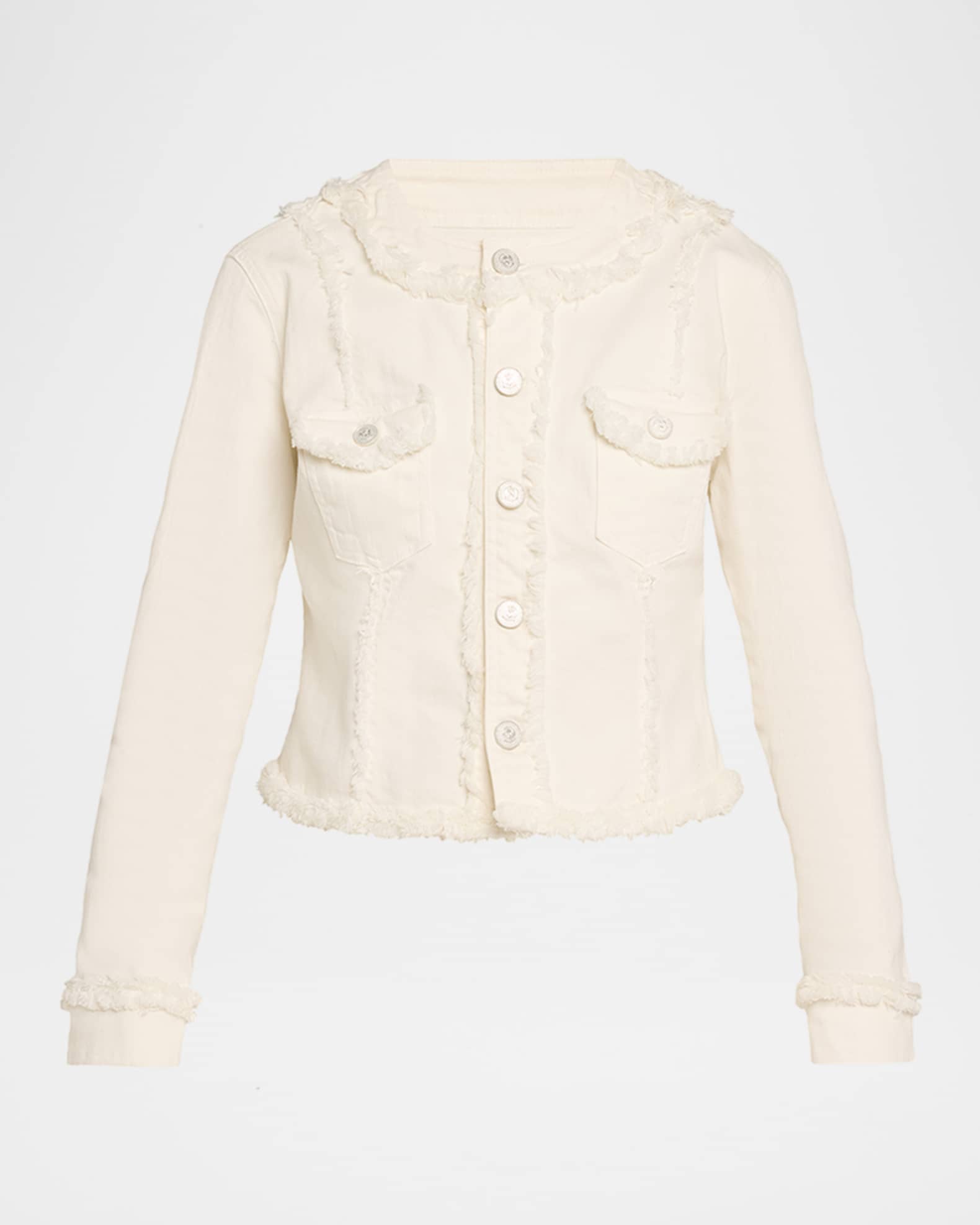 L'Agence Yarin Fringe-Trim Collarless Denim Jacket | Neiman Marcus