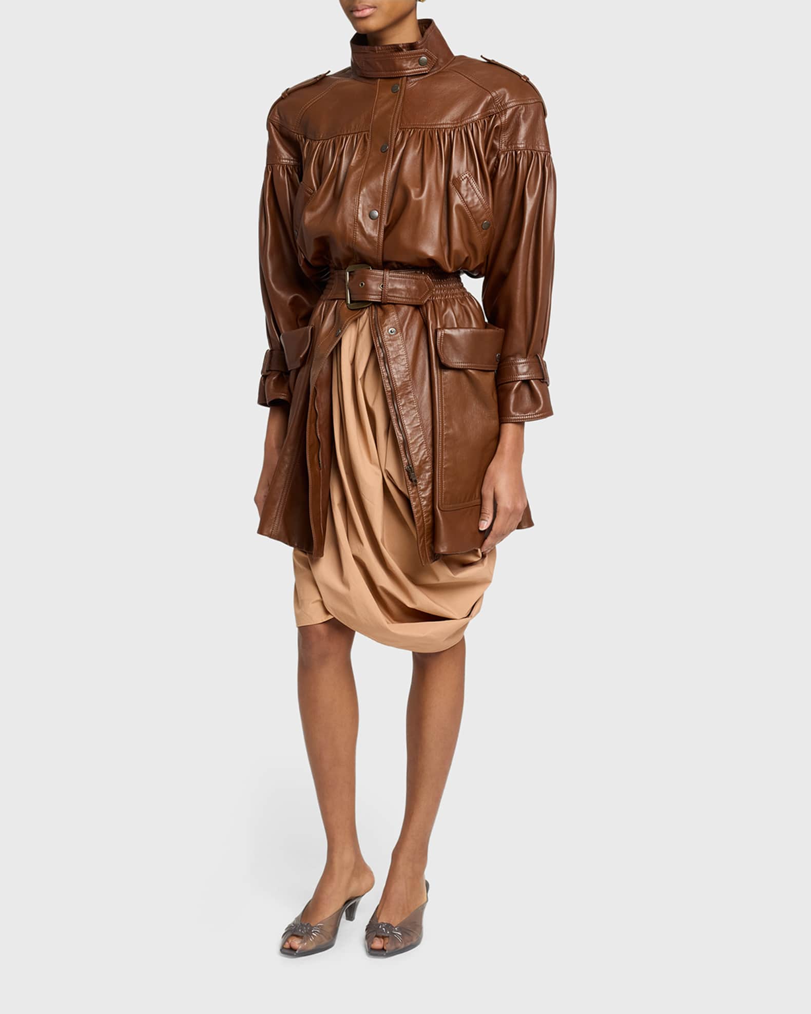 Chloe Gathered Shiny Leather Belted Trench Coat | Neiman Marcus