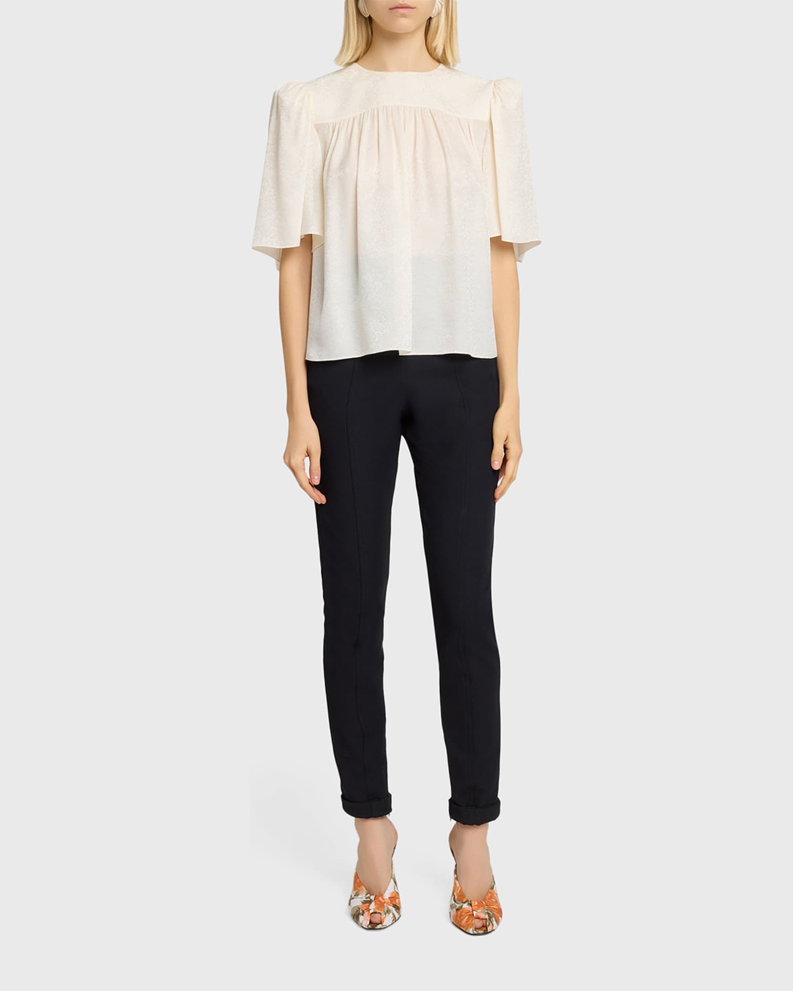 Chloe Strong-Shoulder Floral Silk Jacquard Top | Neiman Marcus