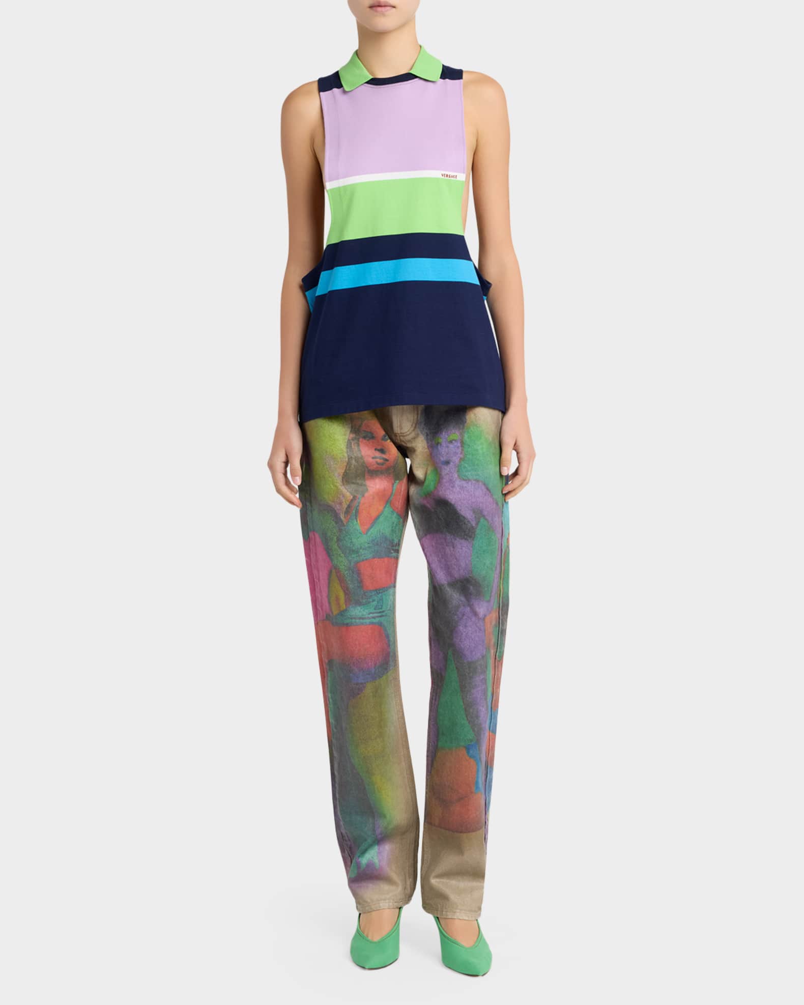 Versace Stripe Sleeveless Collared Sweater | Neiman Marcus