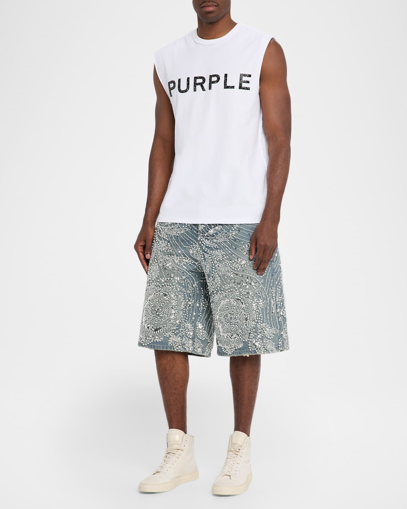 PURPLE Men's P070 Hand-Beaded & Crystal-Embellished Denim Shorts ...